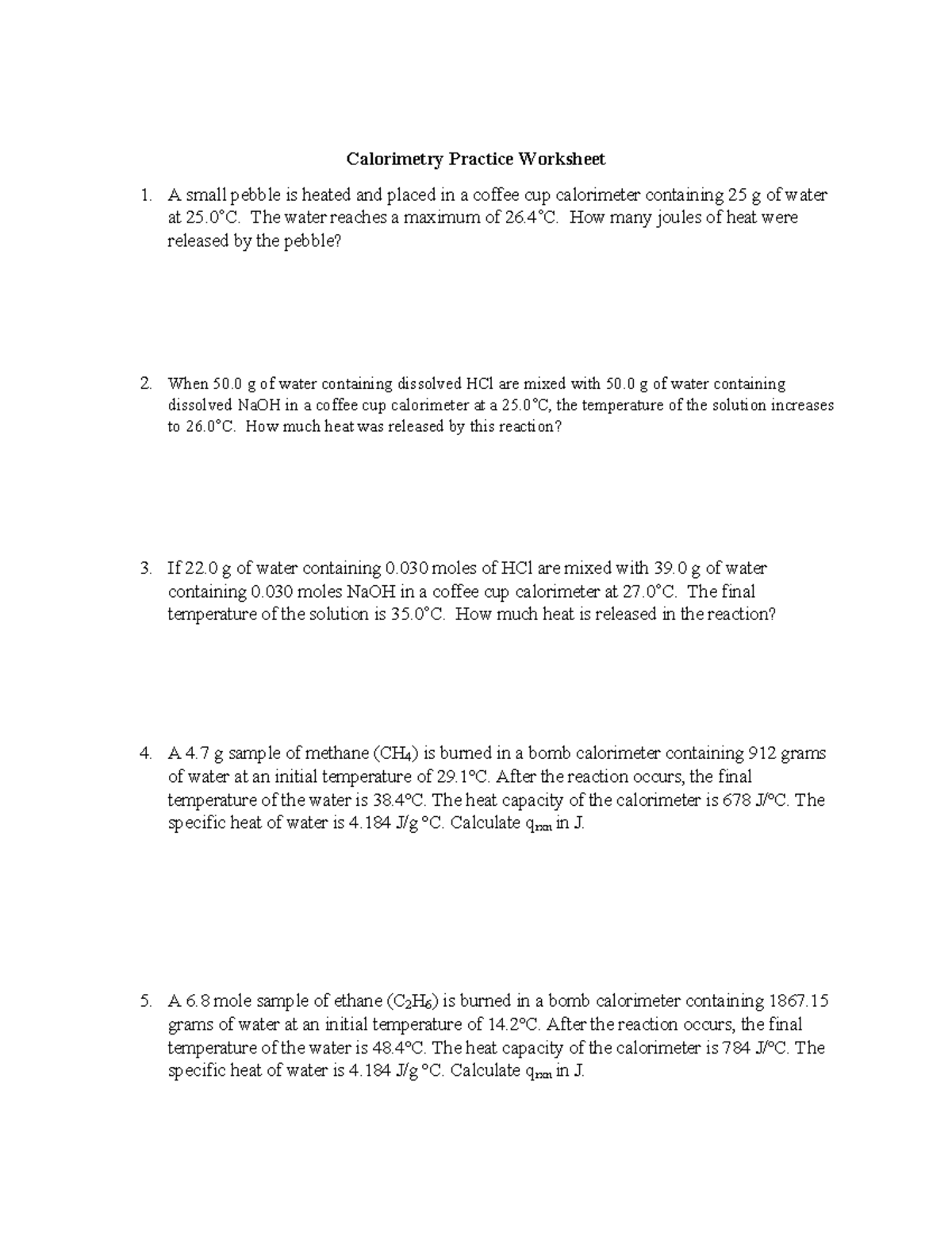 Calorimetry Practice Worksheet 1: Heat Calculations and Reactions - Studocu