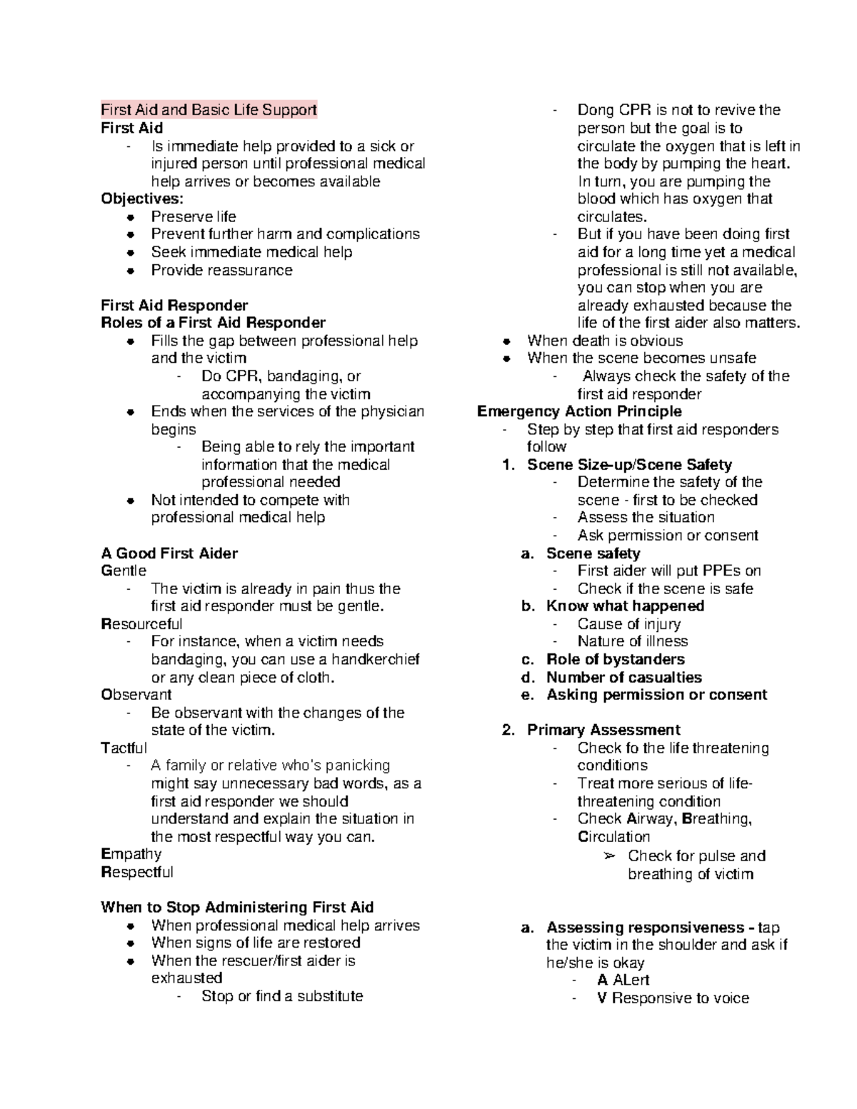 ROTC2 - Lecture notes - First Aid and Basic Life Support First Aid - Is ...