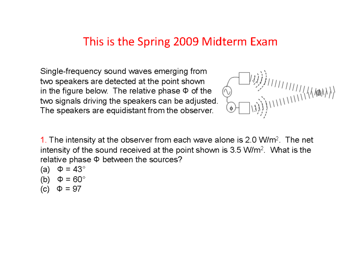 Spring 2009 PHYS 101 Midterm Exam Review: Sound Waves & Interference - Studocu
