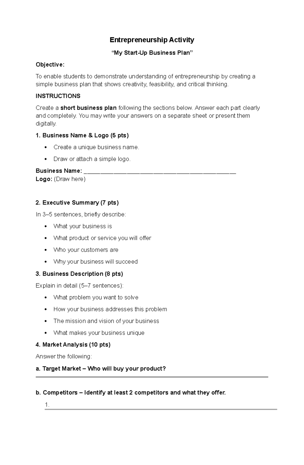 Entrepreneurship Activity: Business Plan Development Guide - Studocu