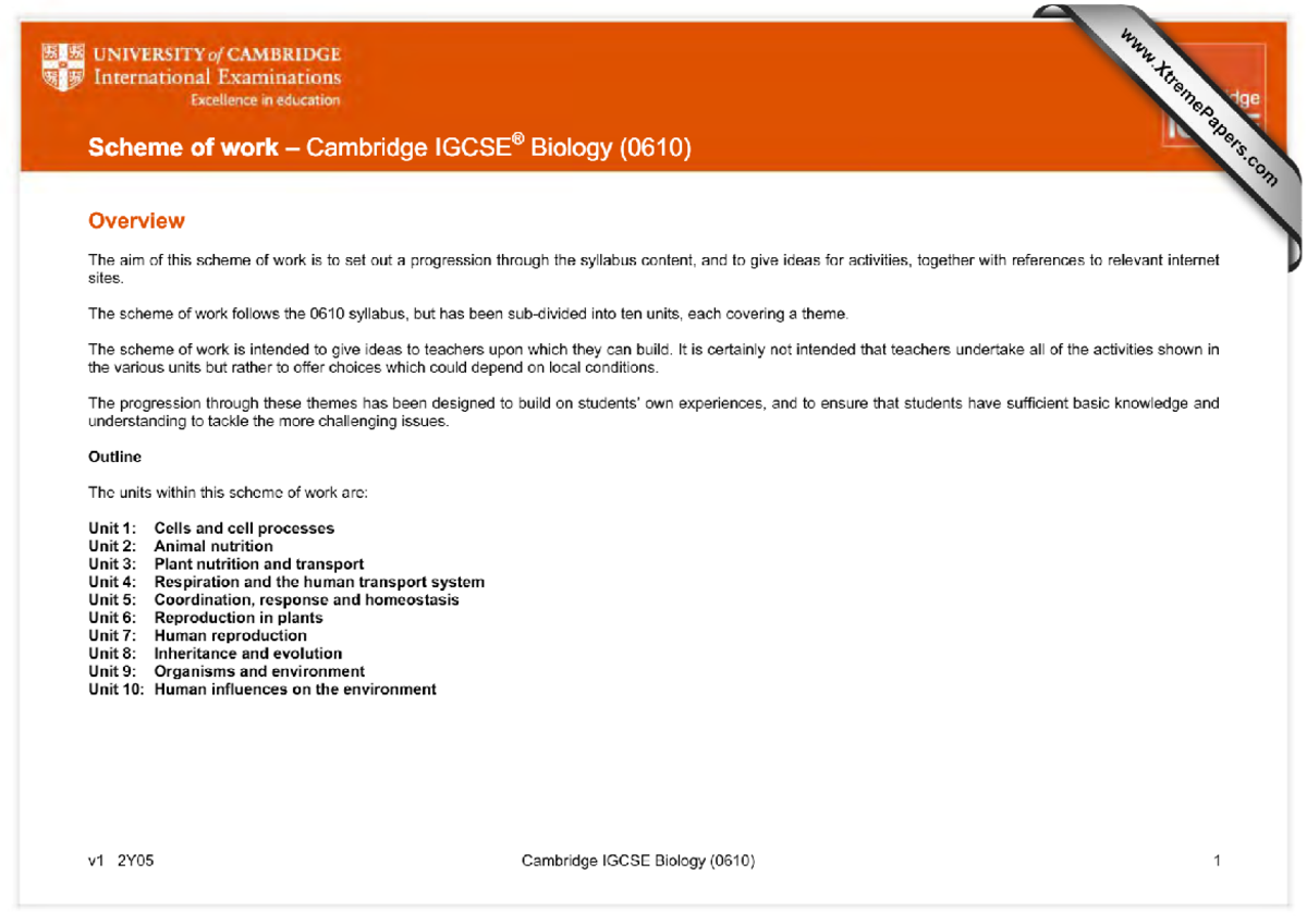 Scheme of work – Cambridge Igcse Biology (0610) Overview - Cell Biology - Studocu