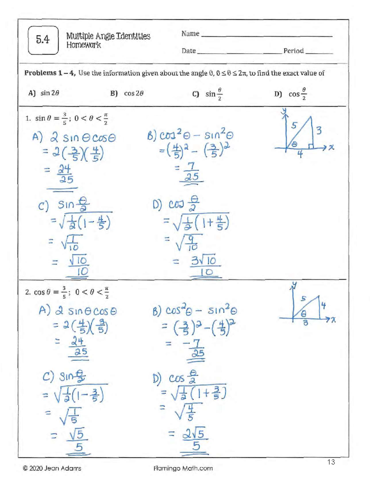 5.4 multiple angle identities homework - 5 Multiple Angle Identities ...