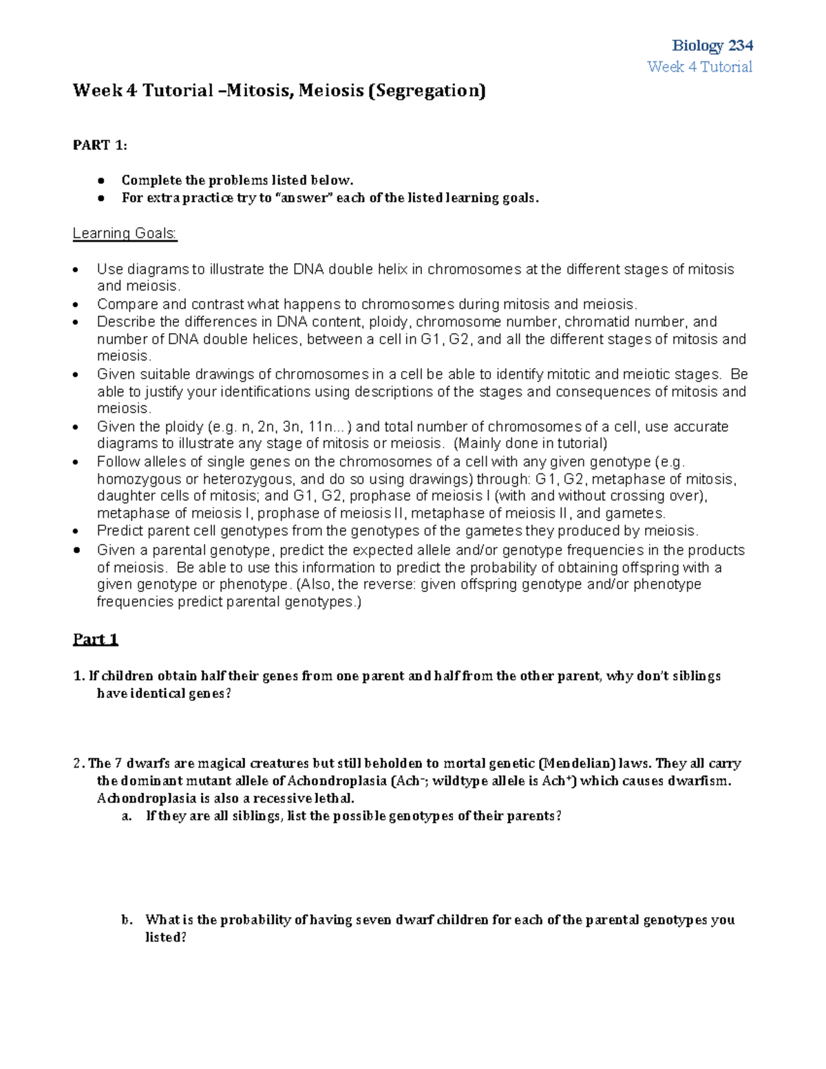 Biology 234 2025W1 Week 4 Tutorial: Meiosis & Genetic Analysis - Studocu