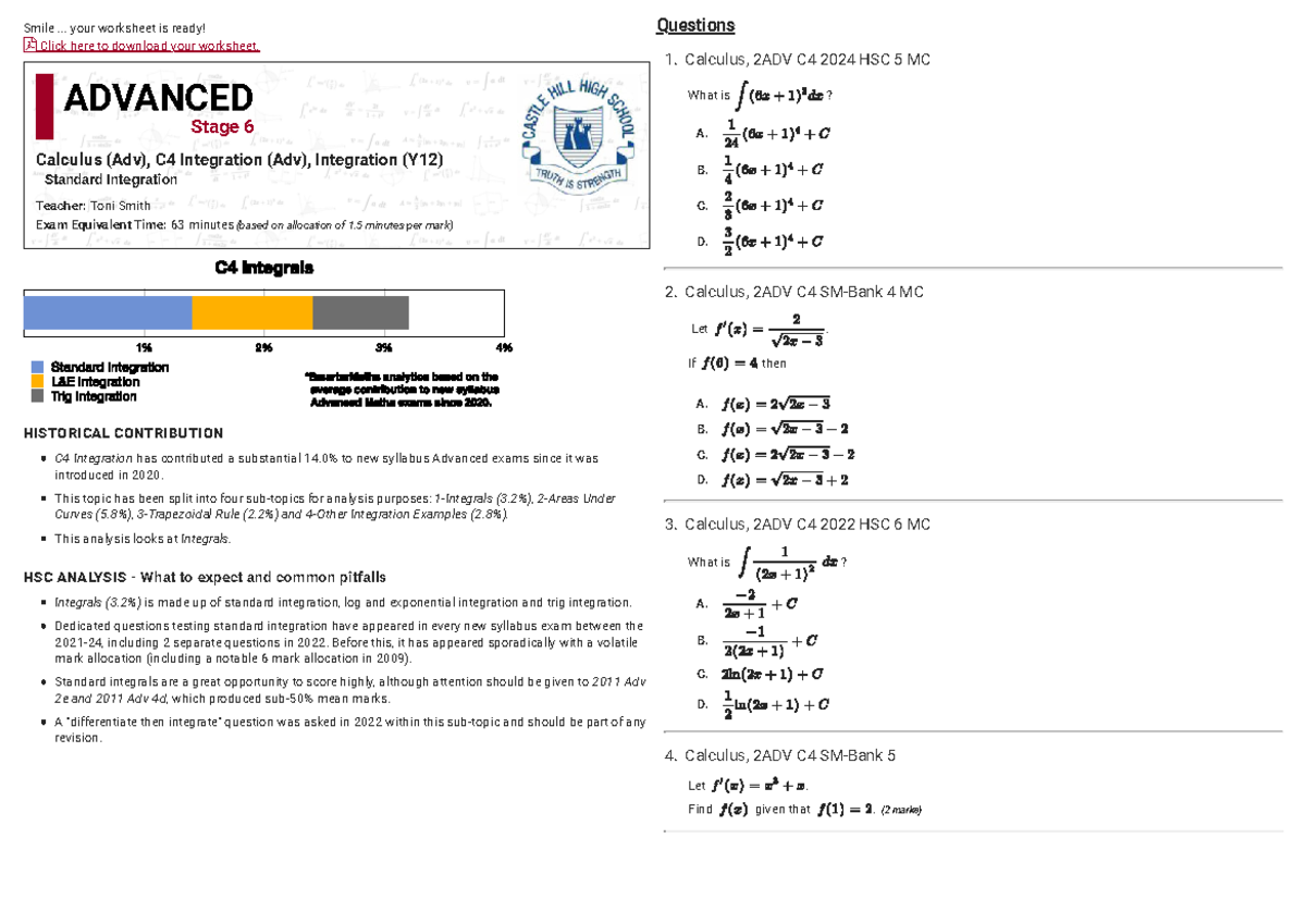 Standard Integration - math work - Smile ... your worksheet is ready ...