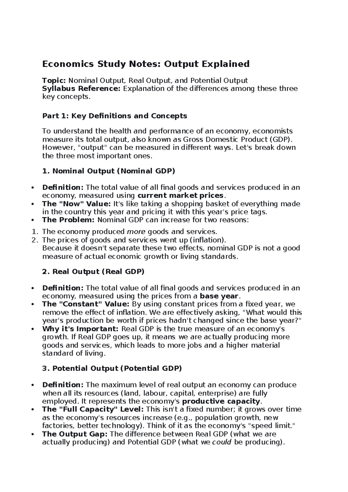Economics Study Notes: Nominal, Real & Potential Output Explained - Studocu