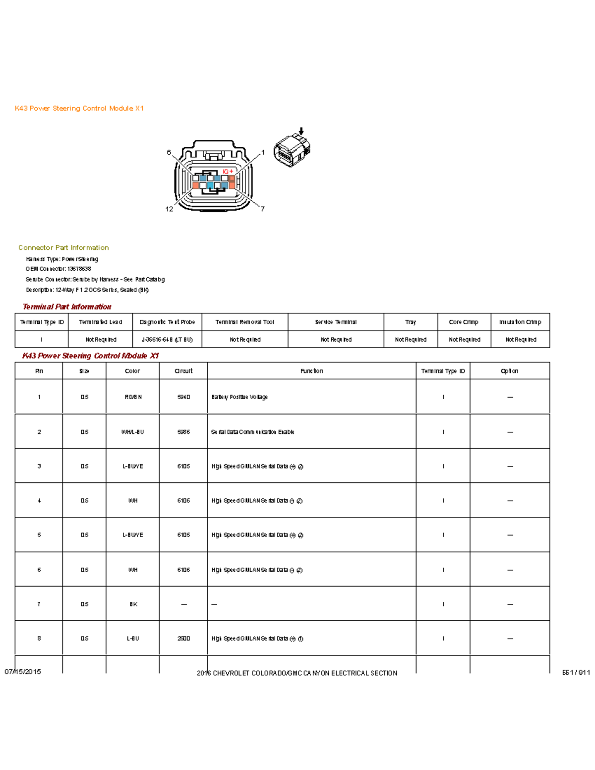 K43 Power Steering Control Module Connector Info for 2016 Chevrolet ...