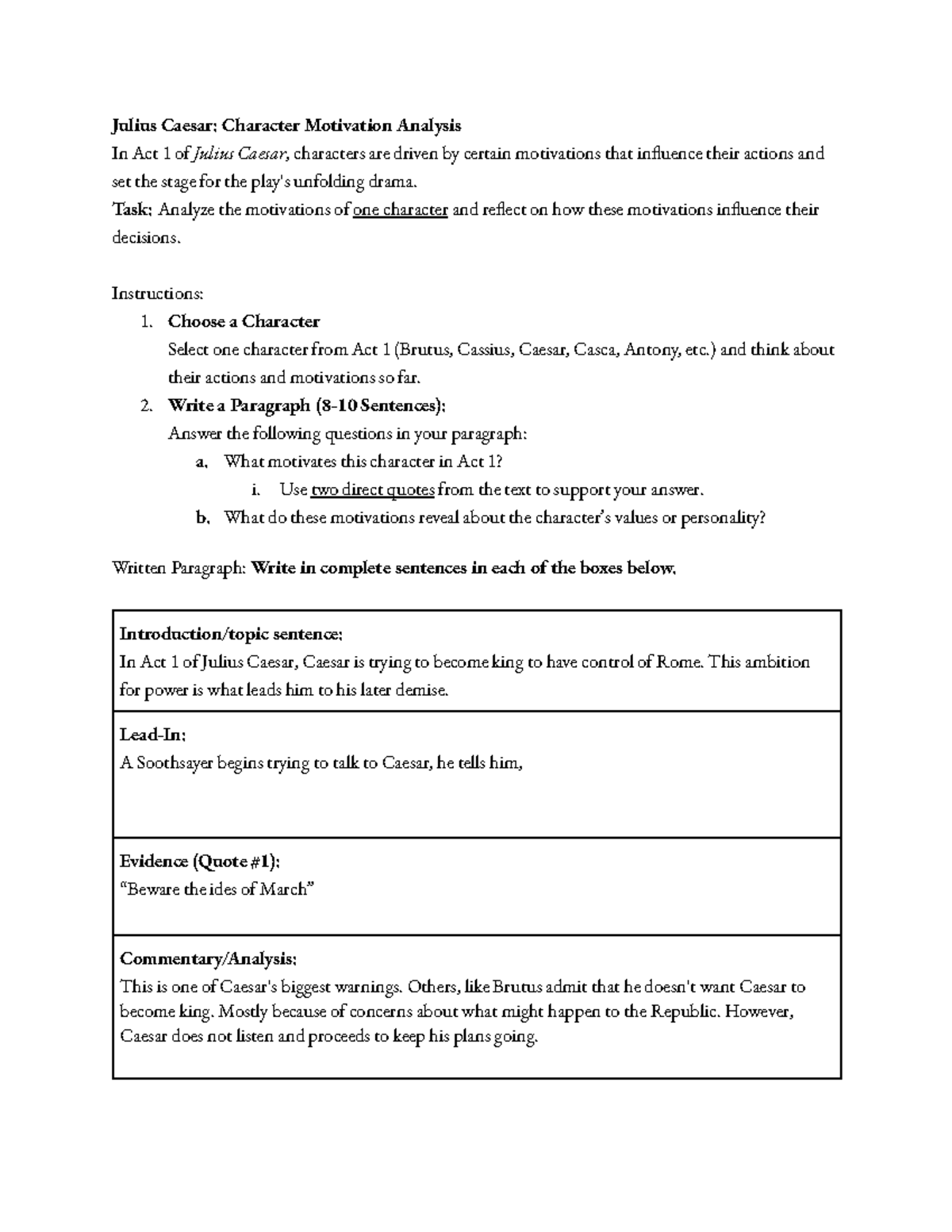 Character Motivations Act 1 - 19896165 - Julius Caesar: Character ...