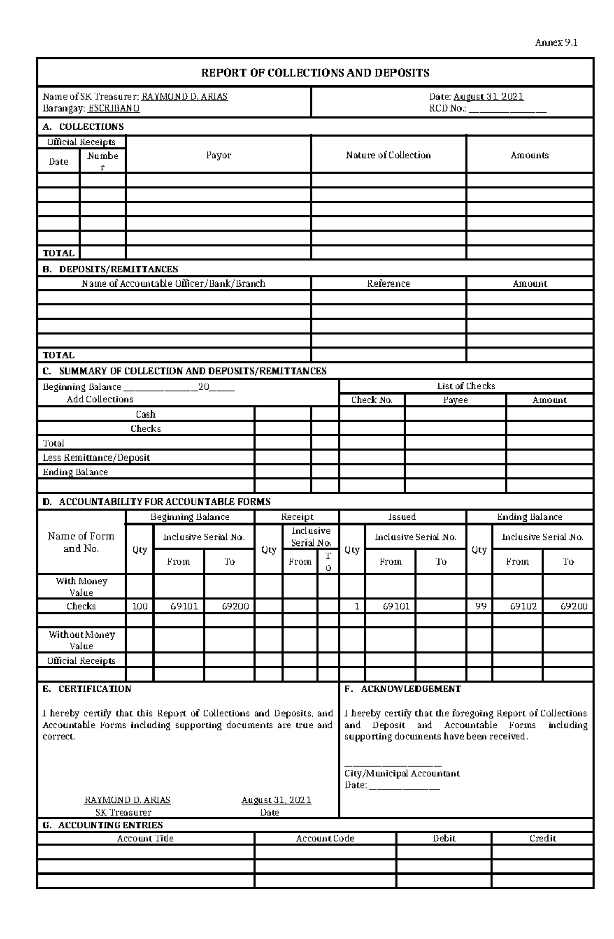 525115102 Report on Collections & Deposits as of Aug 31, 2021 - Studocu