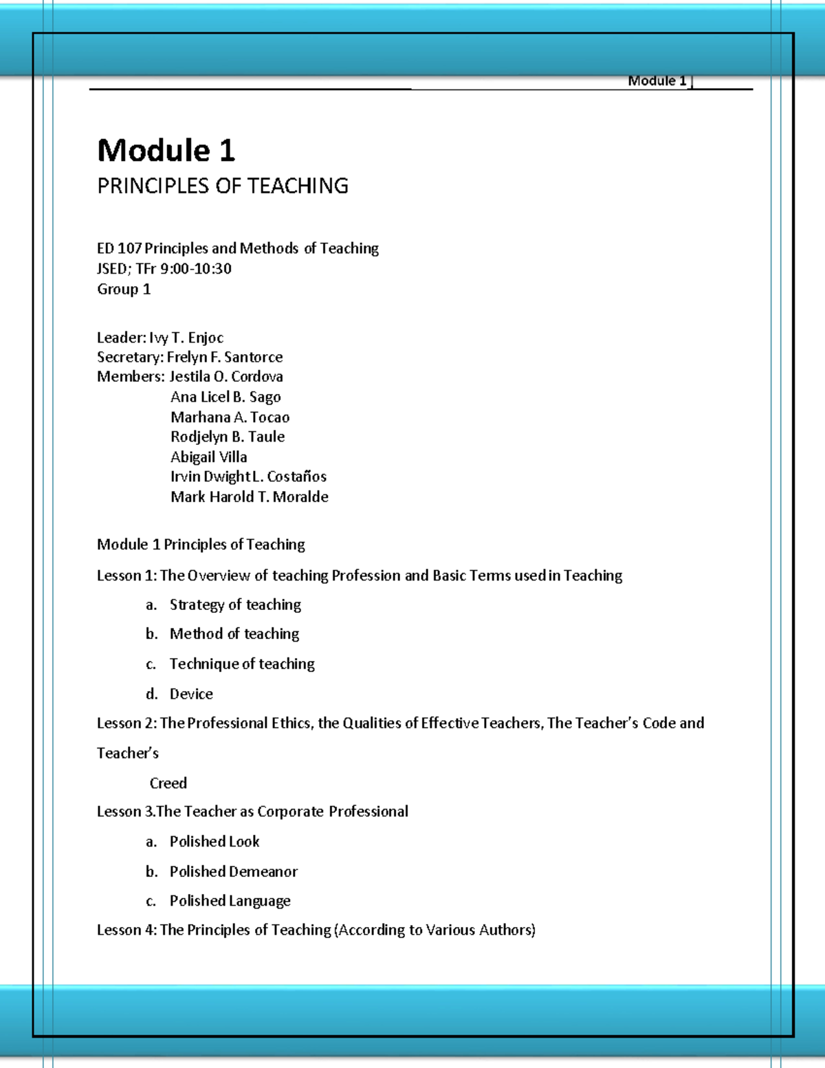 ED 107 Module 1: Principles & Methods of Teaching Overview - Studocu