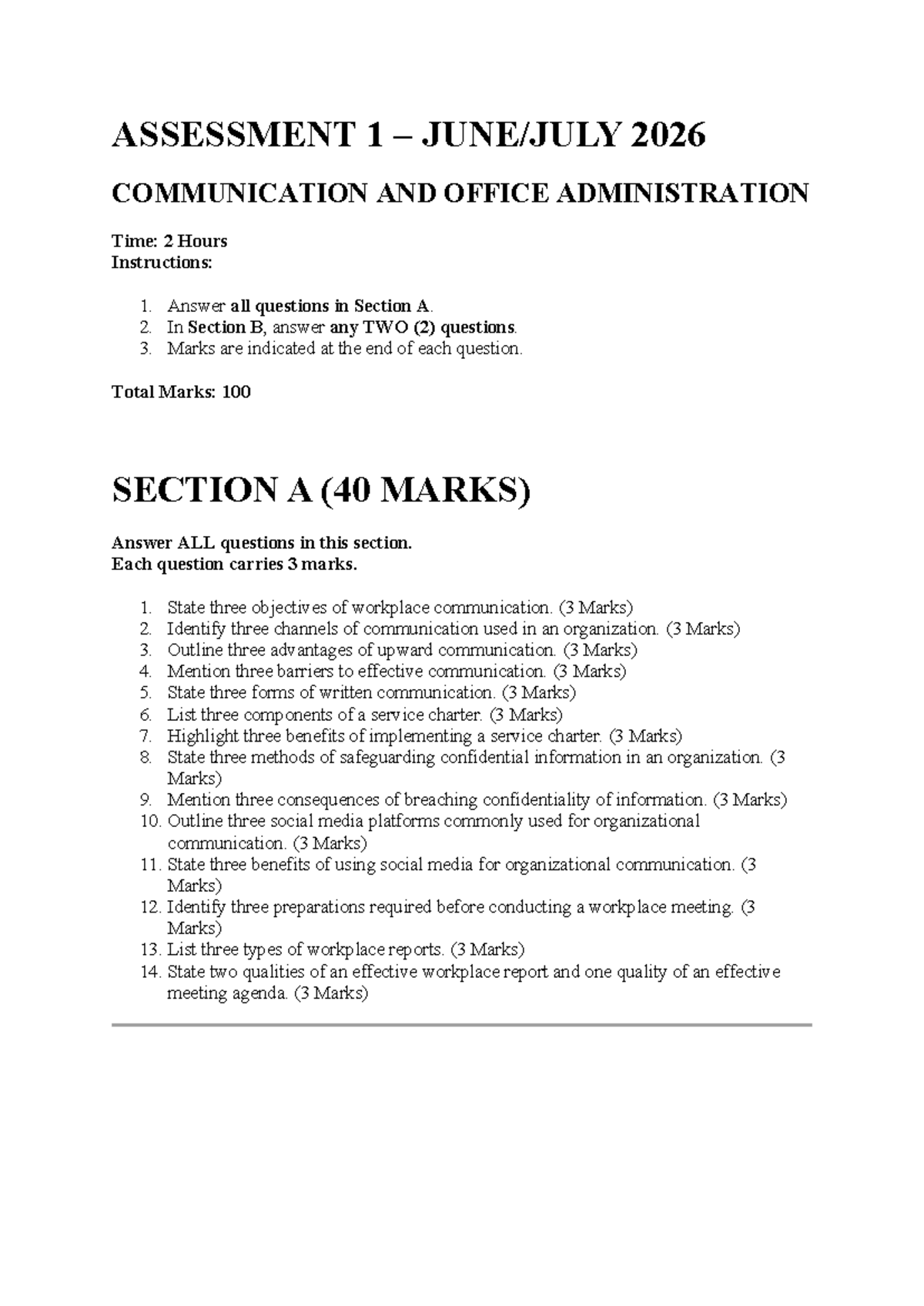BUSINESS COMMUNICATION ASSESSMENT 1 - JULY 2026 - Studocu