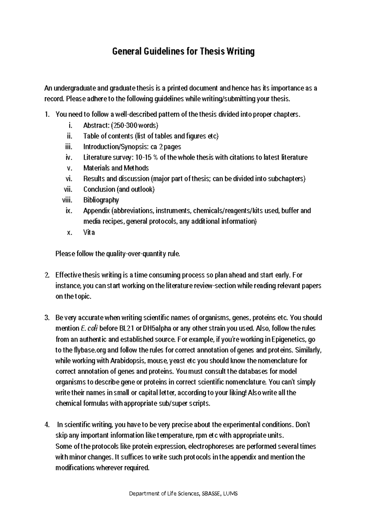 BS Guidelines for Thesis Writing - Life Sciences, SBASSE, LUMS - Studocu