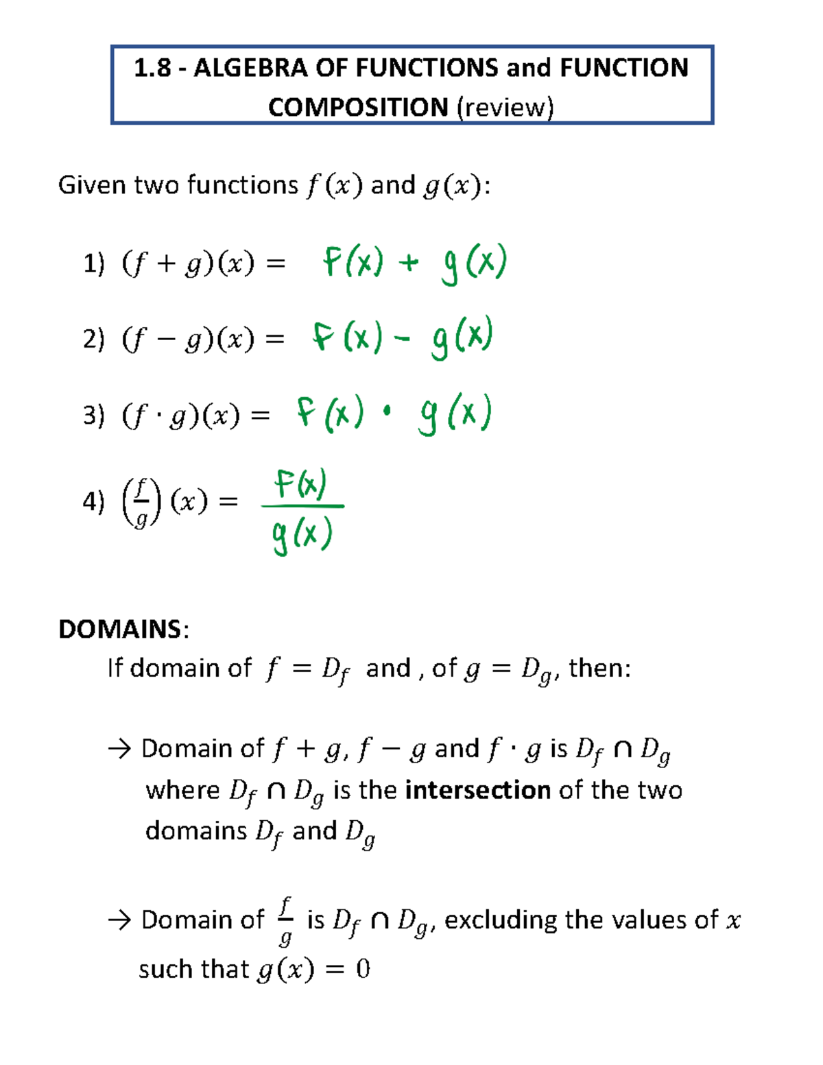 1.8 ALGEBRA OF FUNCTIONS: Composition & Difference Quotients Review ...