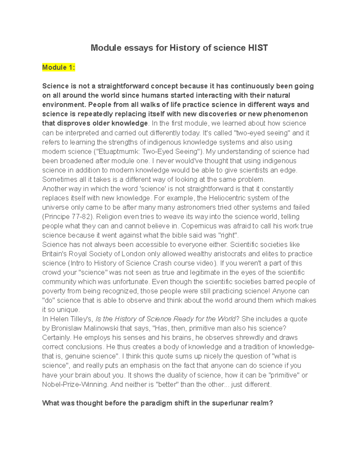 HIST Module Essays: Insights into the History of Science - Studocu