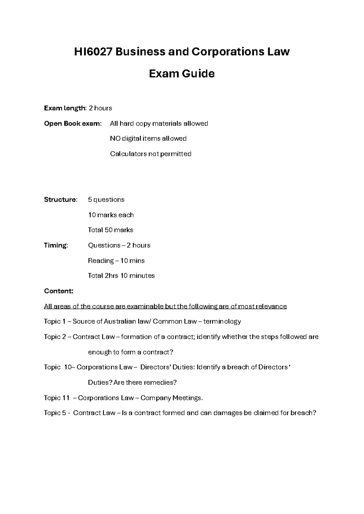 HI6027 Business & Corporations Law Exam Guide T1 2025 (2hrs, Open Book ...