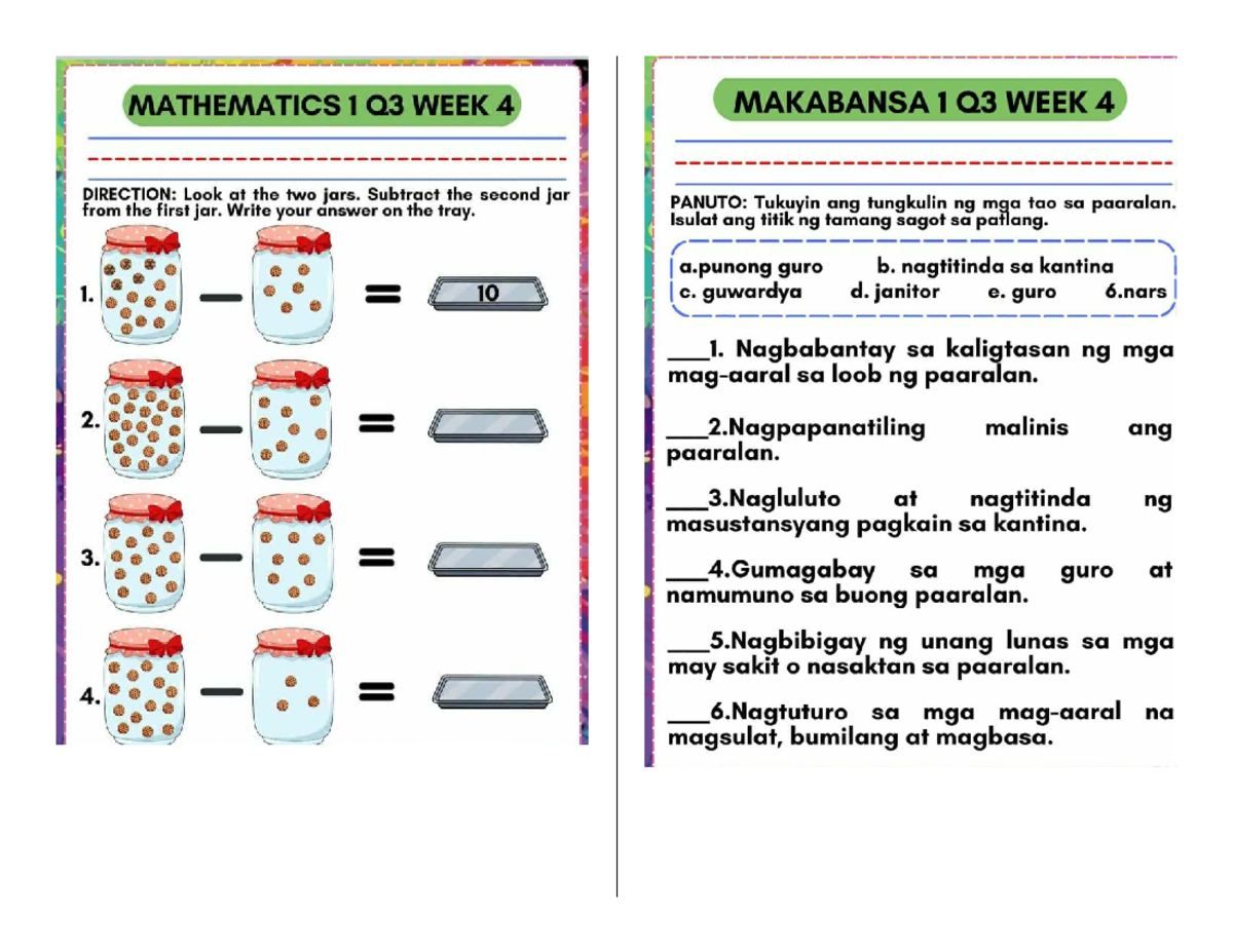 MATHEMATICS 1 Q3 WEEK 4 & MAKABANSA 1 Q3 WEEK 4 Activities - Studocu