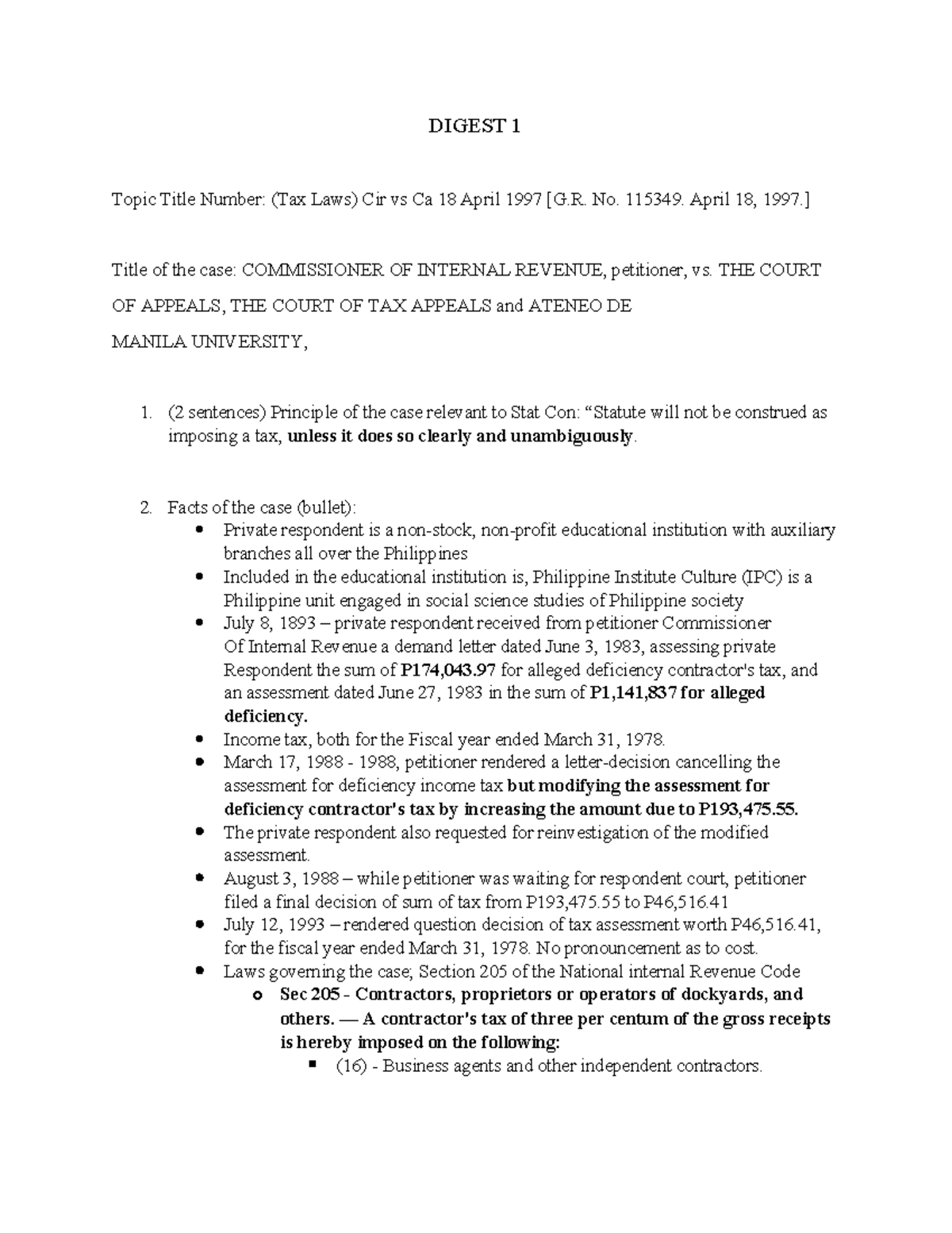 Digest-1-LAW - digests - DIGEST 1 Topic Title Number: (Tax Laws) Cir vs ...