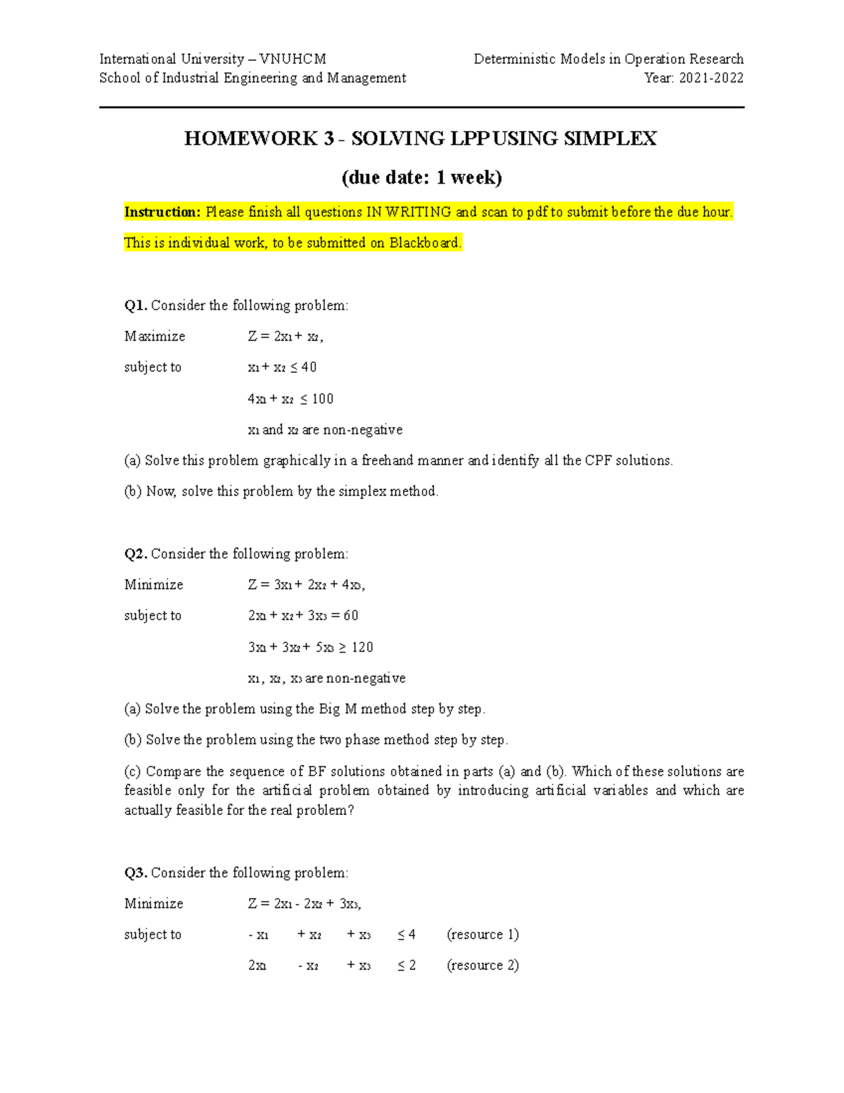 HW3 - Linear Programming & Simplex Method Solutions - Studocu