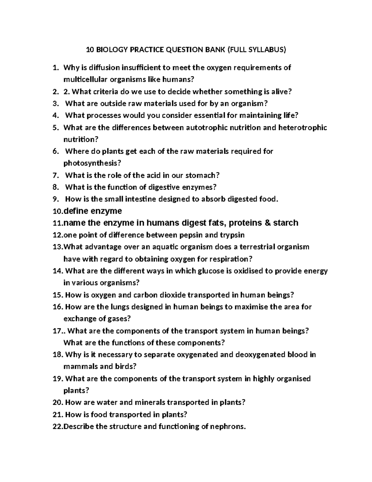 10 BIO. Practice Question Bank (Full Syllabus) 2022 - Studocu