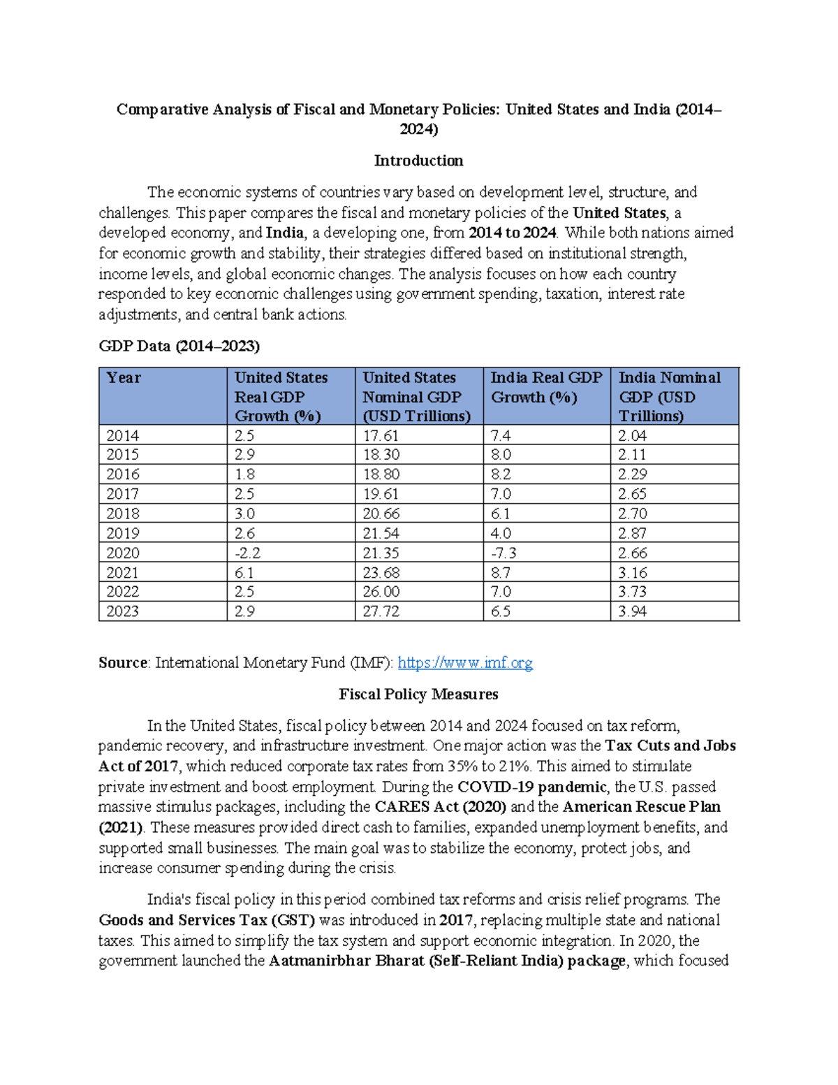Comparative Analysis of Fiscal & Monetary Policies: US & India (2014 ...