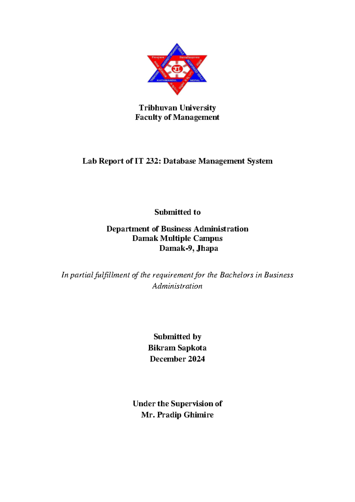 Cover Page - IT 23 2 Lab Report on Database Management System - Studocu