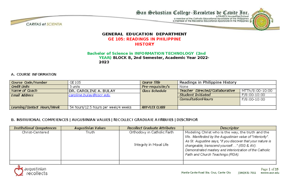 GE 105: Readings in Philippine History Syllabus for IT Students - Studocu