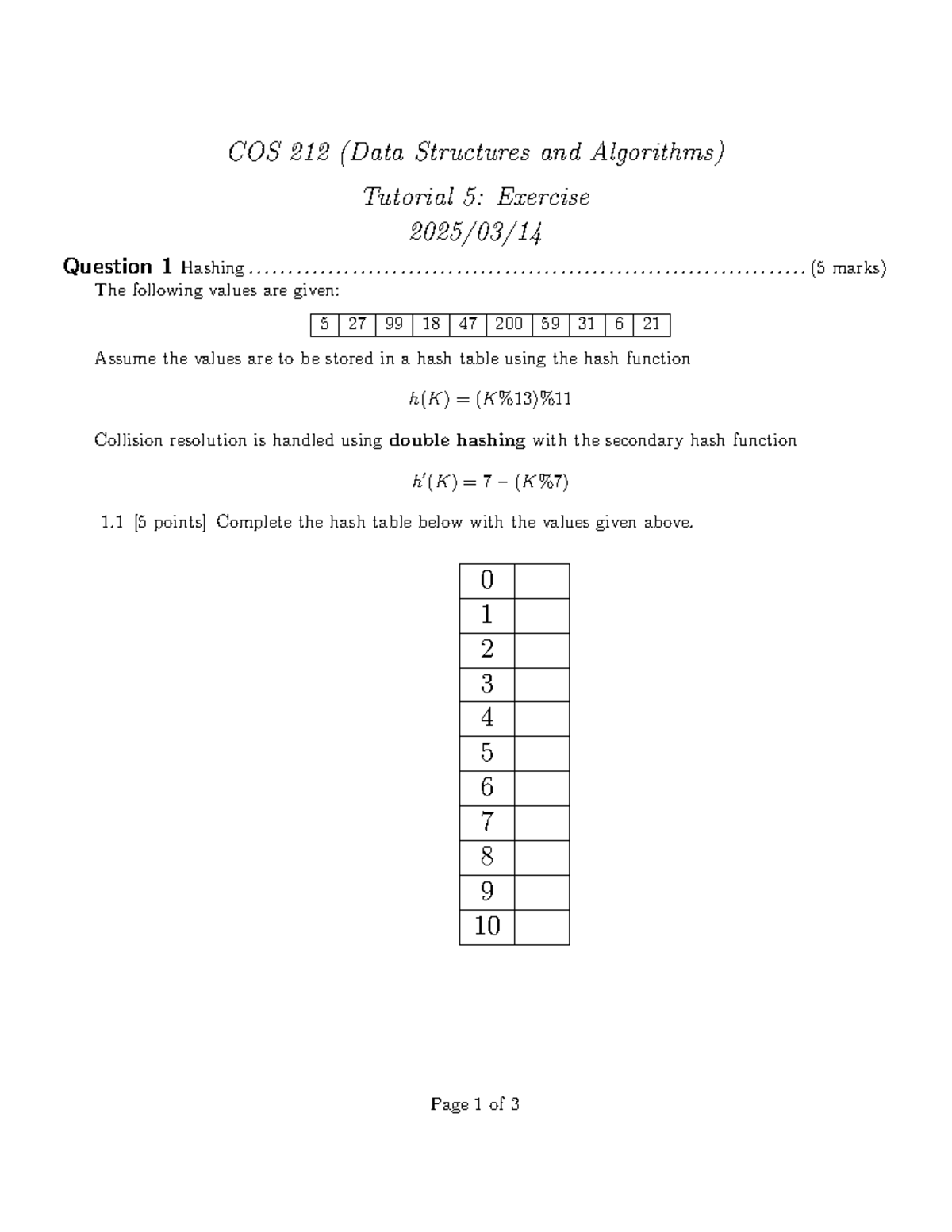 Tutorial 5 exercise - COS 212 (Data Structures and Algorithms) Tutorial 5: Exercise 2025/03 ...