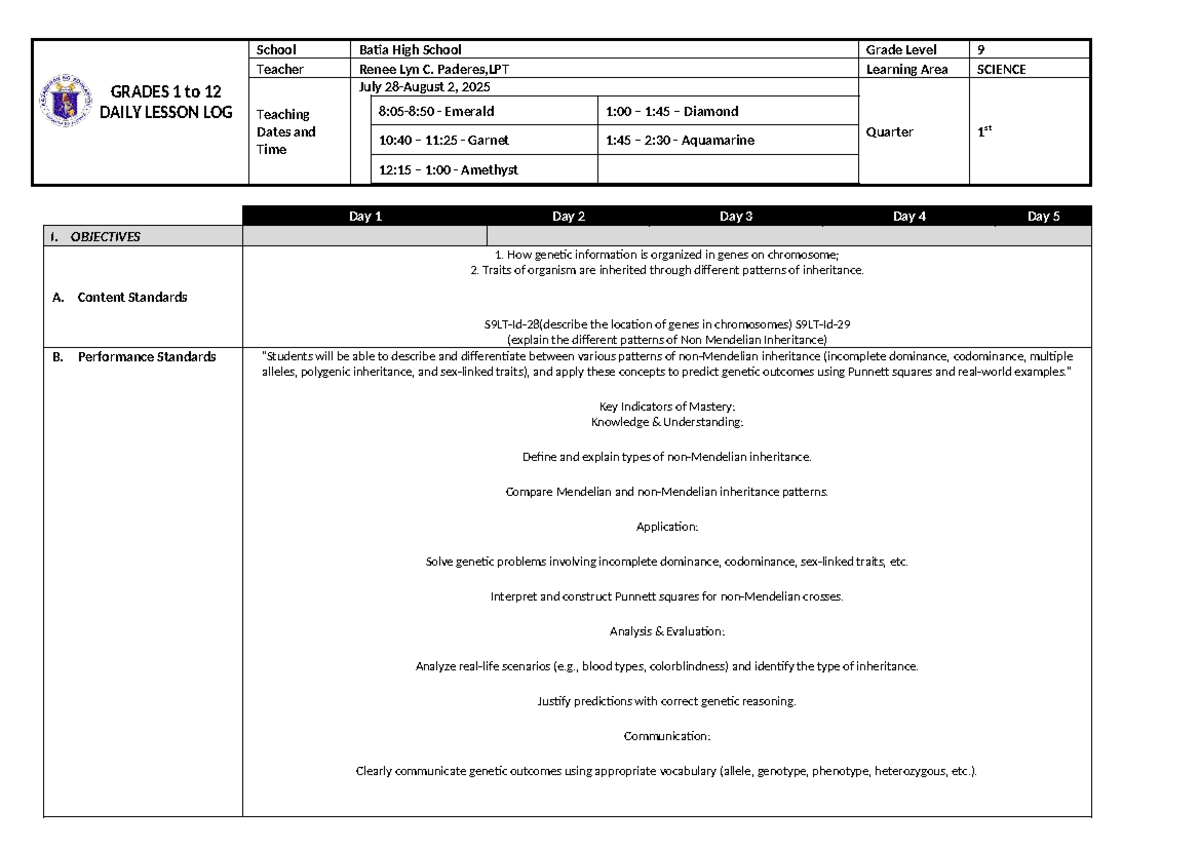 Grade 9 Science Daily Lesson Log (DLL) for July 28 - August 2 - Studocu