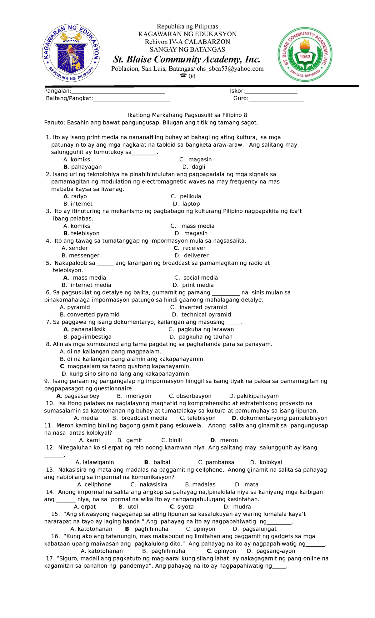 Ikatlong-markahang-pagsusulit - Republika ng Pilipinas KAGAWARAN NG ...
