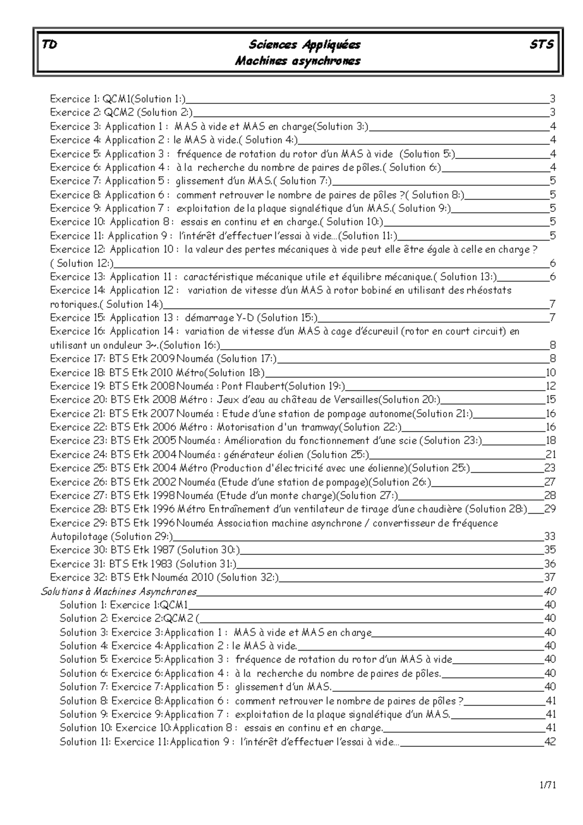 Ex STS2 12 Machines asynchrones - TD Sciences Appliquées STS Exercice 1 ...