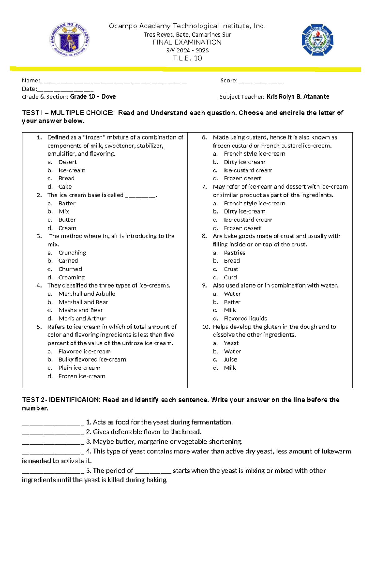 TLE 10 Final Exam 2024-2025: Multiple Choice & Identification Test ...