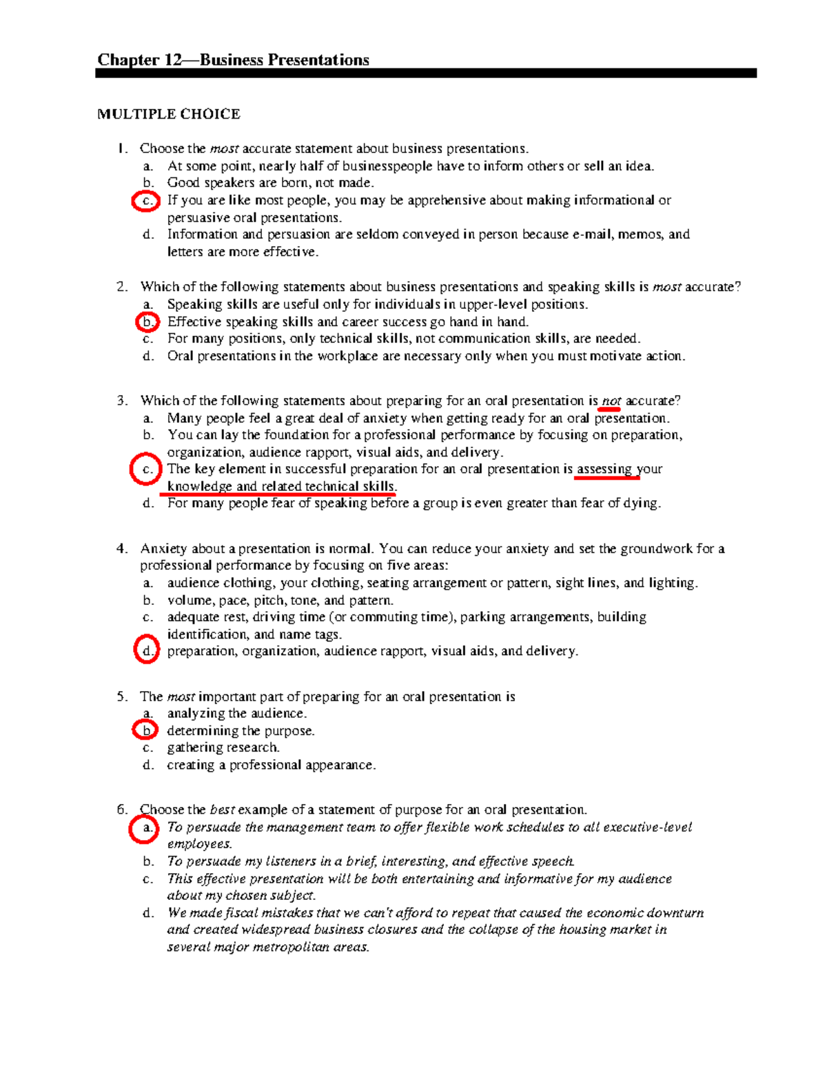 Chapter 12: Multiple Choice Questions on Business Presentations - Studocu