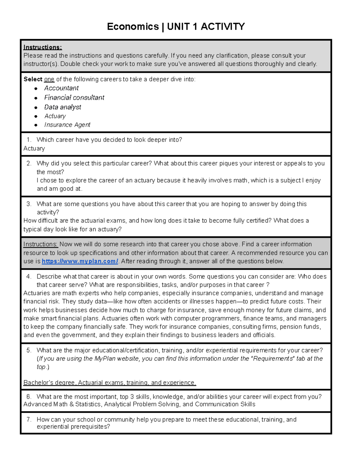 Economics UNIT 1 Activity: Career Exploration of an Actuary - Studocu