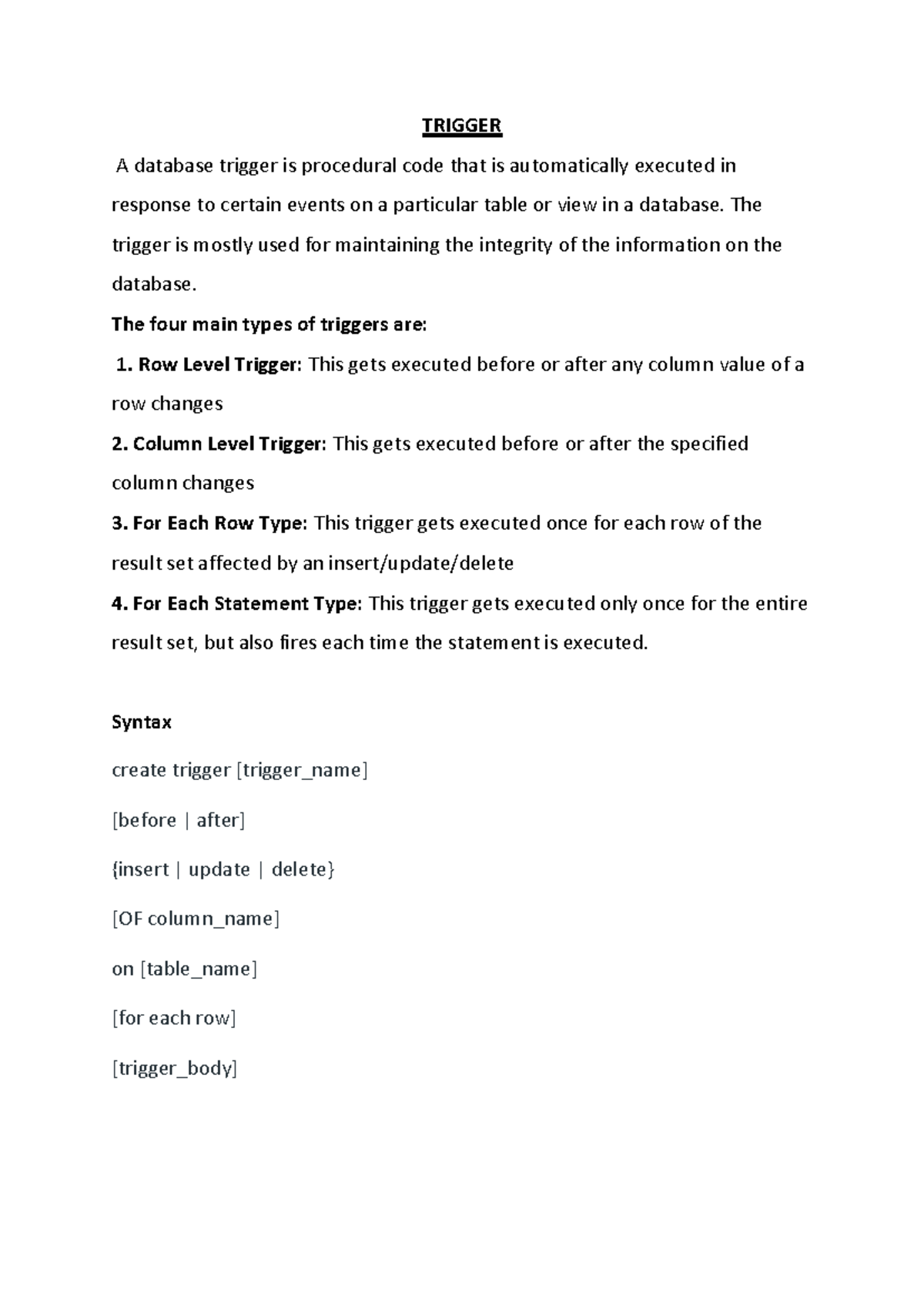 DBMS 101: Triggers, Assertions, Relational Algebra & Calculus Notes ...