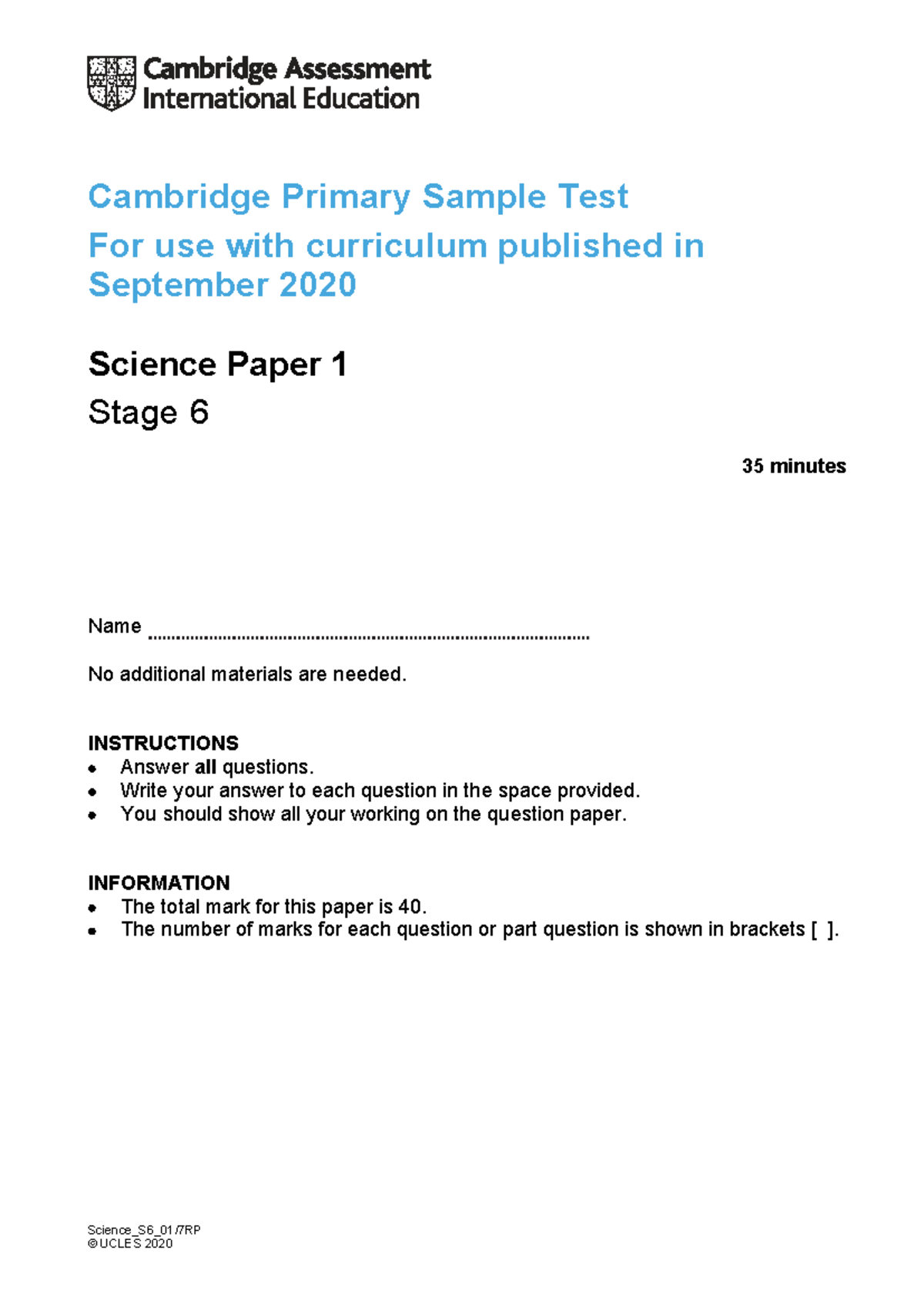 Science Stage 6 Sample Test Paper 1 (Cambridge Primary) - Studocu