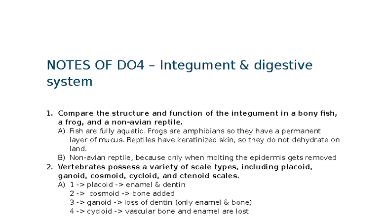 Discussion lecture 4 - NOTES OF DO4 – Integument & digestive system 1 ...