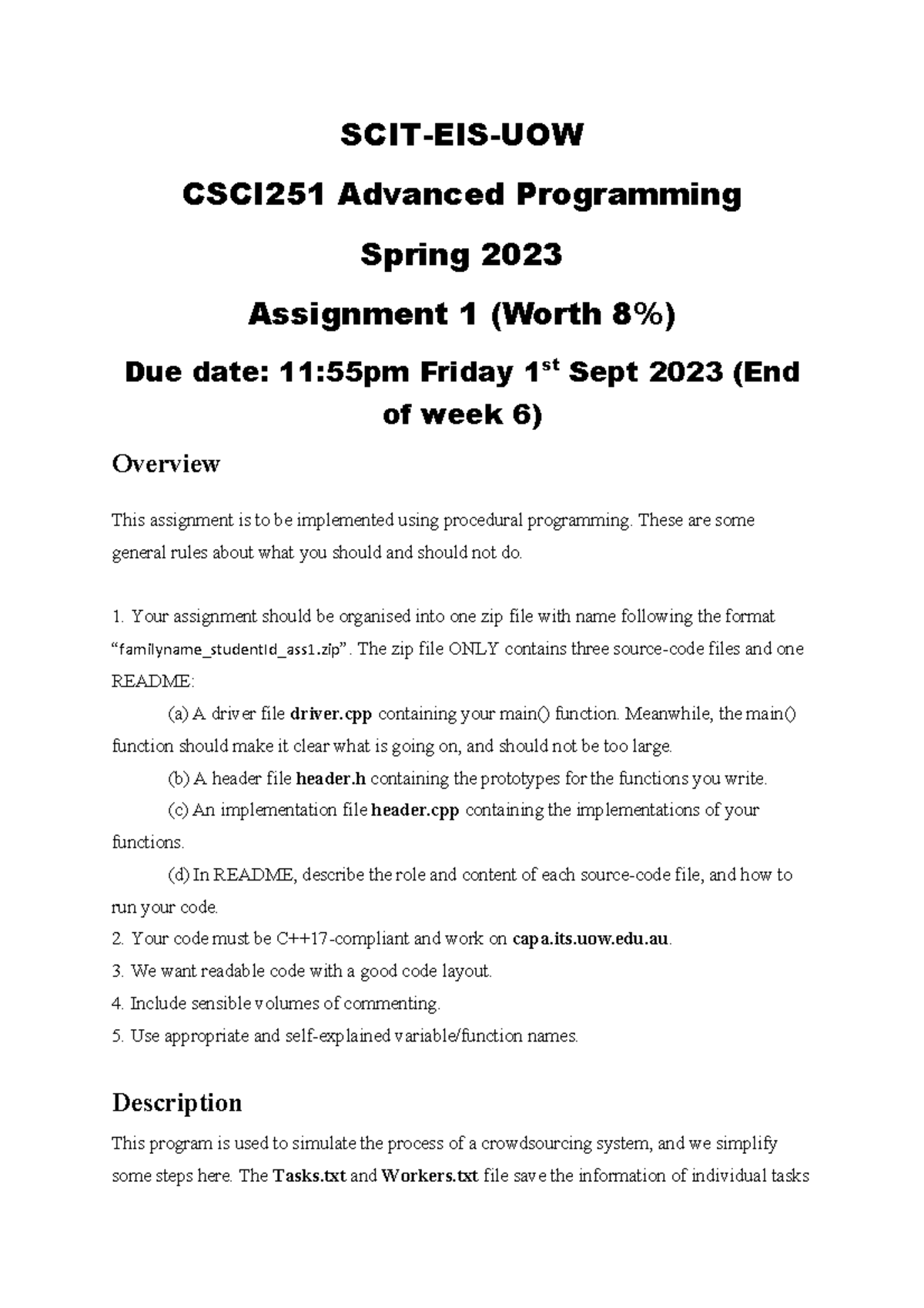 CSCI251 Spring 2023 Assignment 1 Specification and Guidelines - Studocu