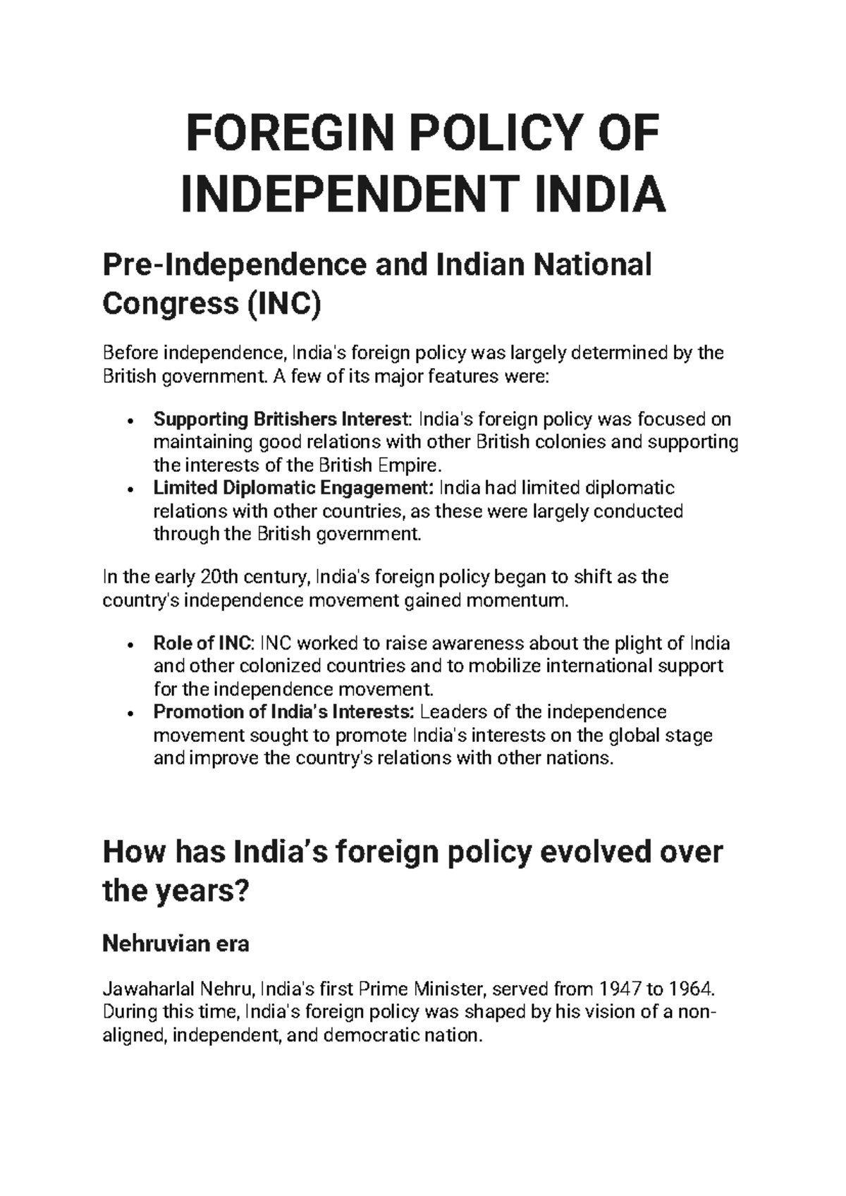 Indian Foreign Policy: A Critical Analysis of the Nehruvian Era - Studocu