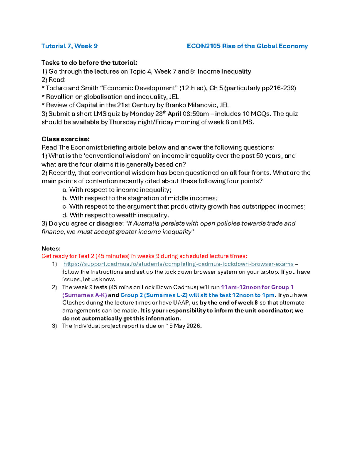 ECON2105 S1 2026 Tutorial 7: Global Economy & Income Inequality - Studocu