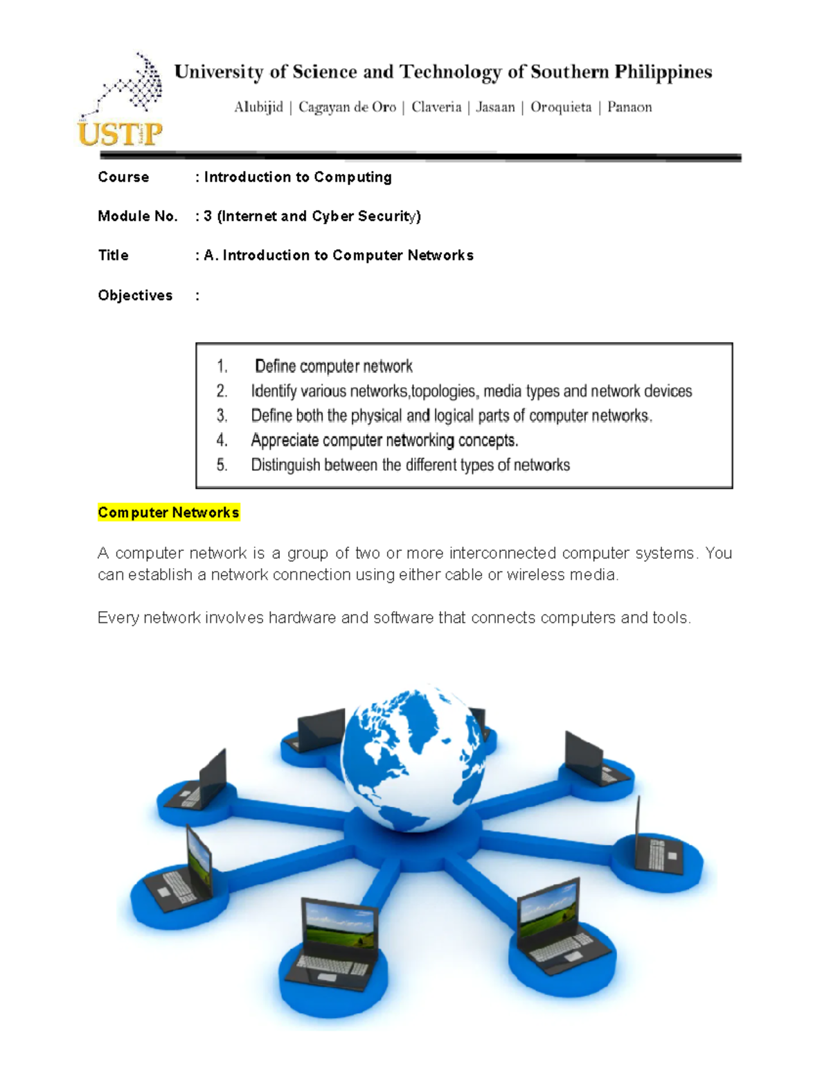 Introduction to Computer Networks - Course : Introduction to Computing ...
