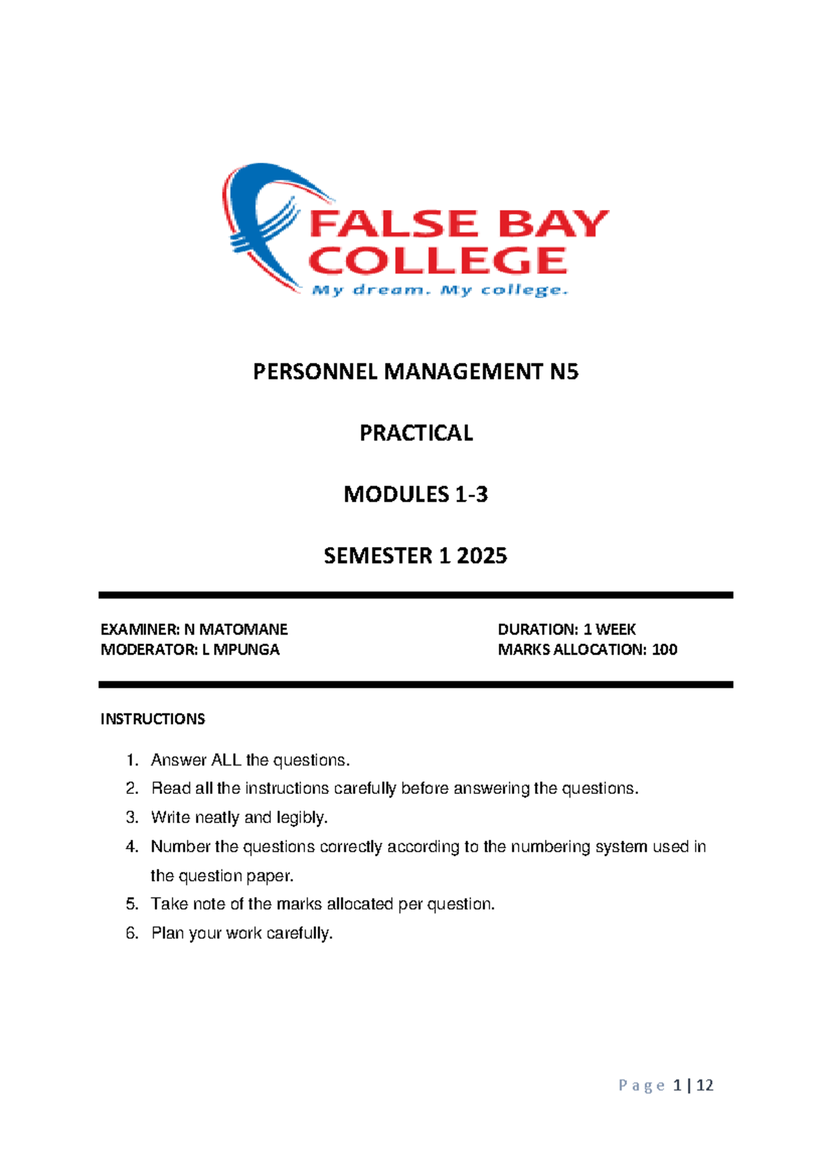 Personnel Management N5 Practical Exam: Modules 1-3, Semester 1 2025 - Studocu