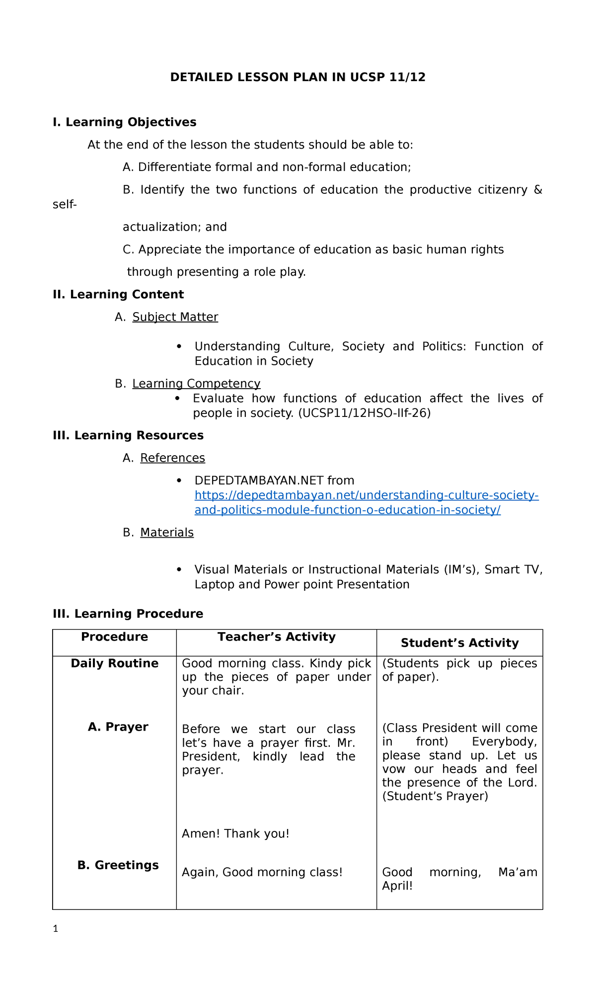 UCSP 11 Detailed Lesson Plan - Understanding Education Functions - Studocu