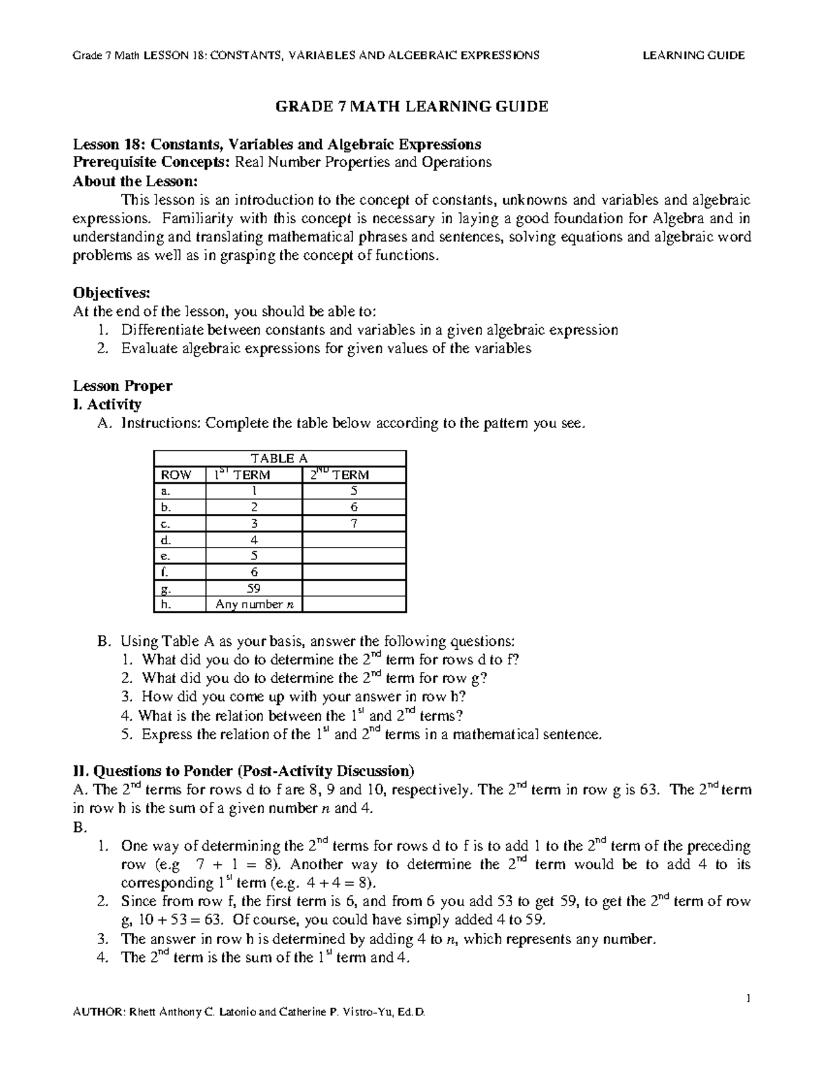 Constants and Variables: Grade 7 Math Learning Guide - Studocu