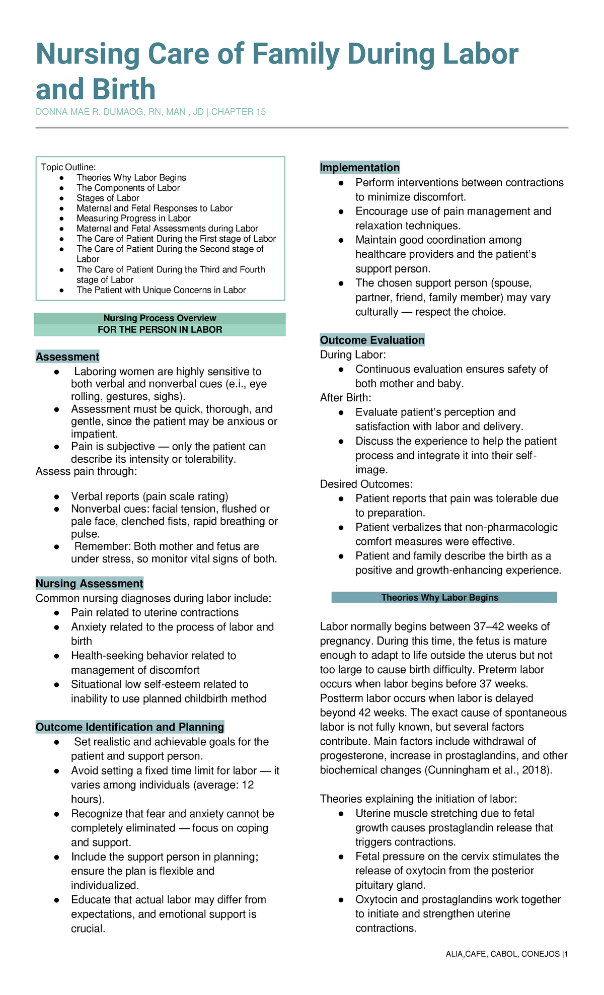 Nursing Care During Labor and Birth: G5 Chapter 15 Review Notes - Studocu