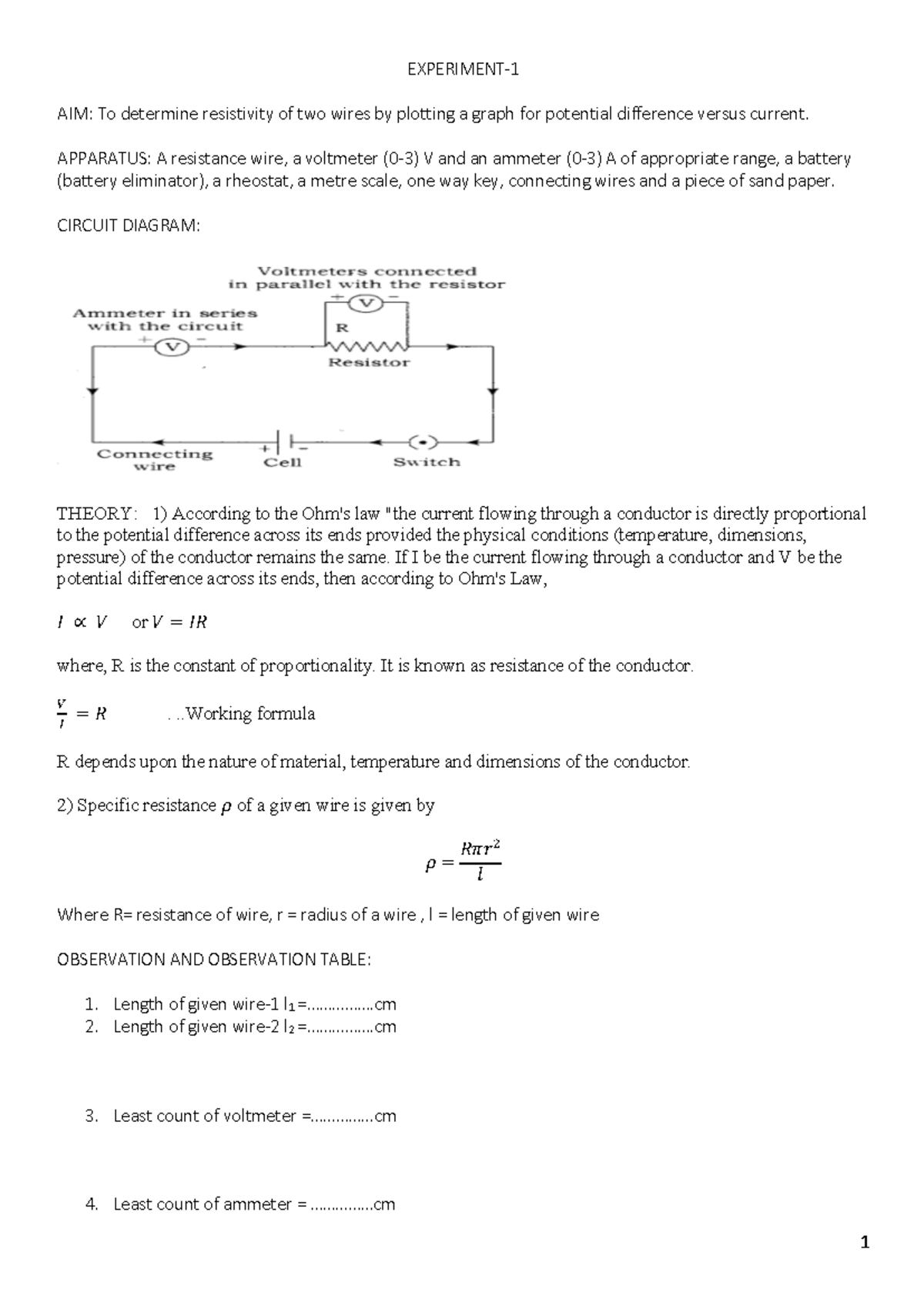 LAB Manual for Class XII Physics: Experiments on Resistance & Diodes ...