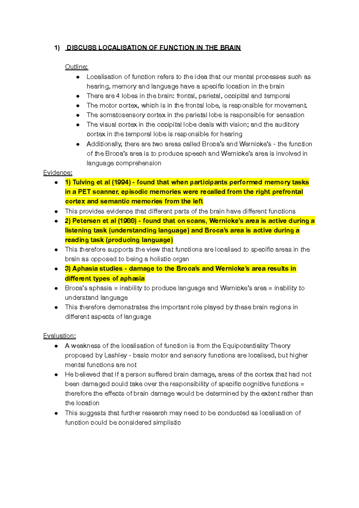 Biopsychology Essay Plan: Localisation of Brain Function Discussion ...
