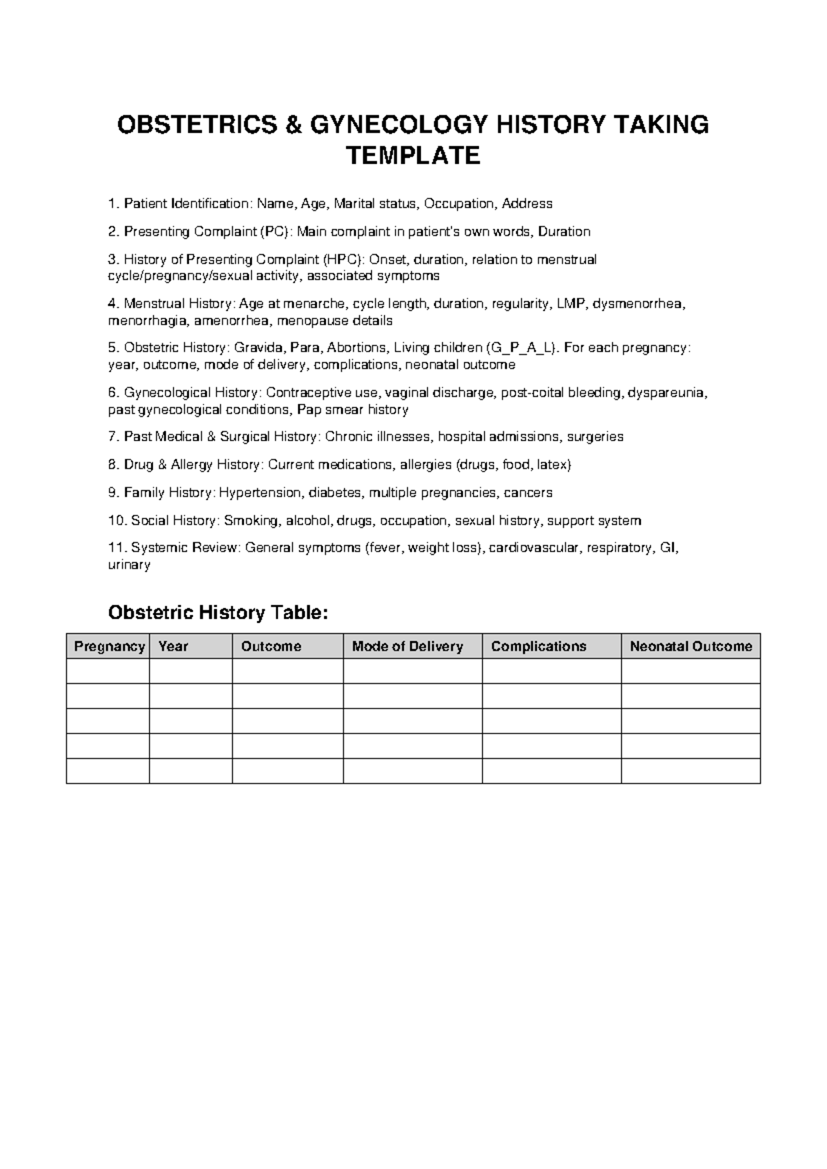 OBGYN 101: History Taking Template for Patient Assessment - Studocu