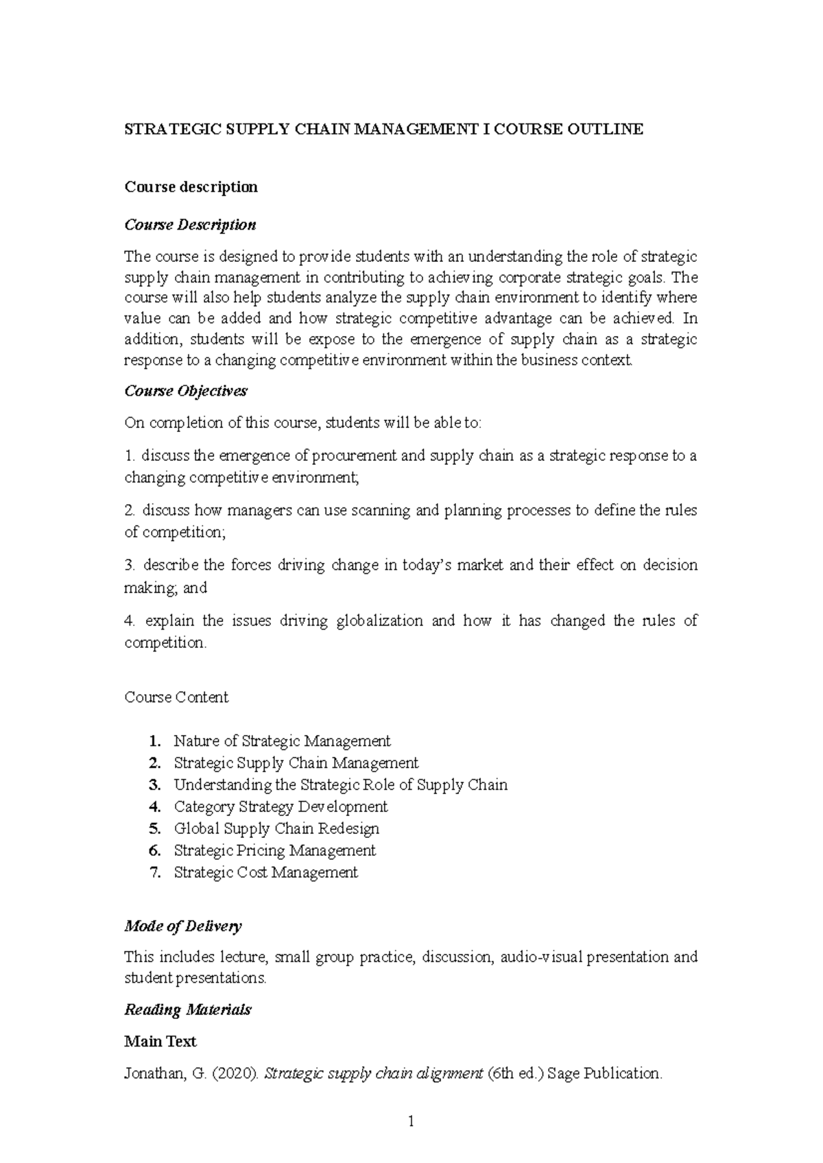 Revised Course Outline for STRATEGIC SUPPLY CHAIN MANAGEMENT I (2024 ...