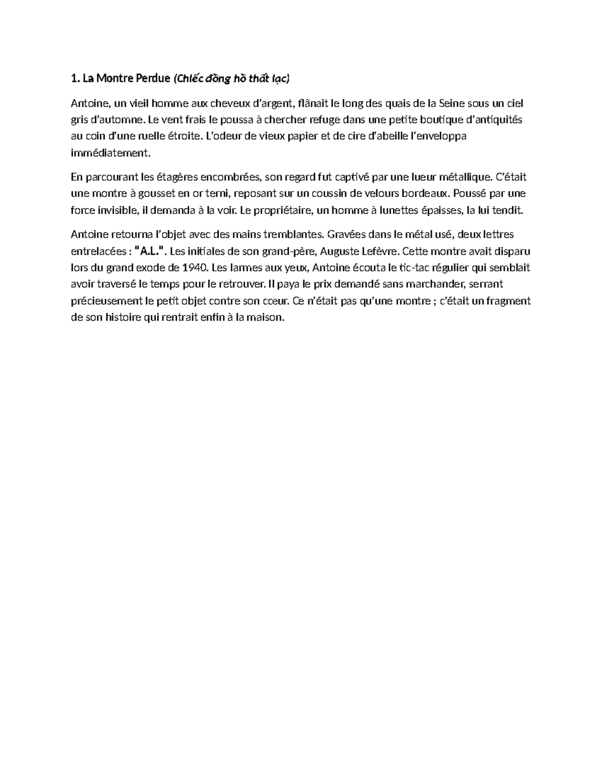 1. La Montre Perdue: Une Histoire de Souvenirs - French Studies 1 - Studocu