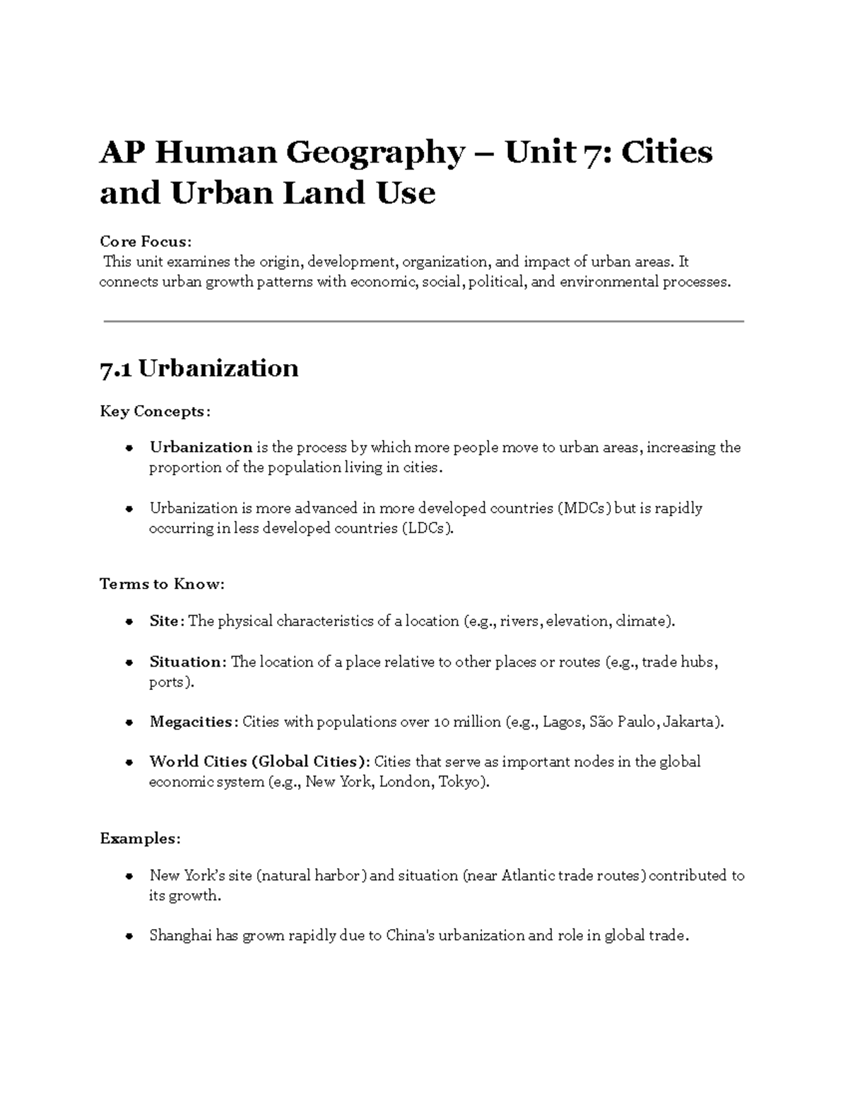 AP Human Geography – Unit 7: Urbanization & Land Use Dynamics - Studocu