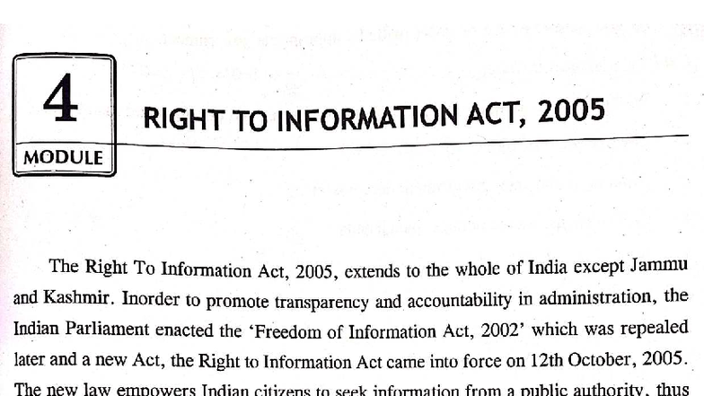 RTI Act, 2005: Module 4 Overview and Key Provisions - Studocu